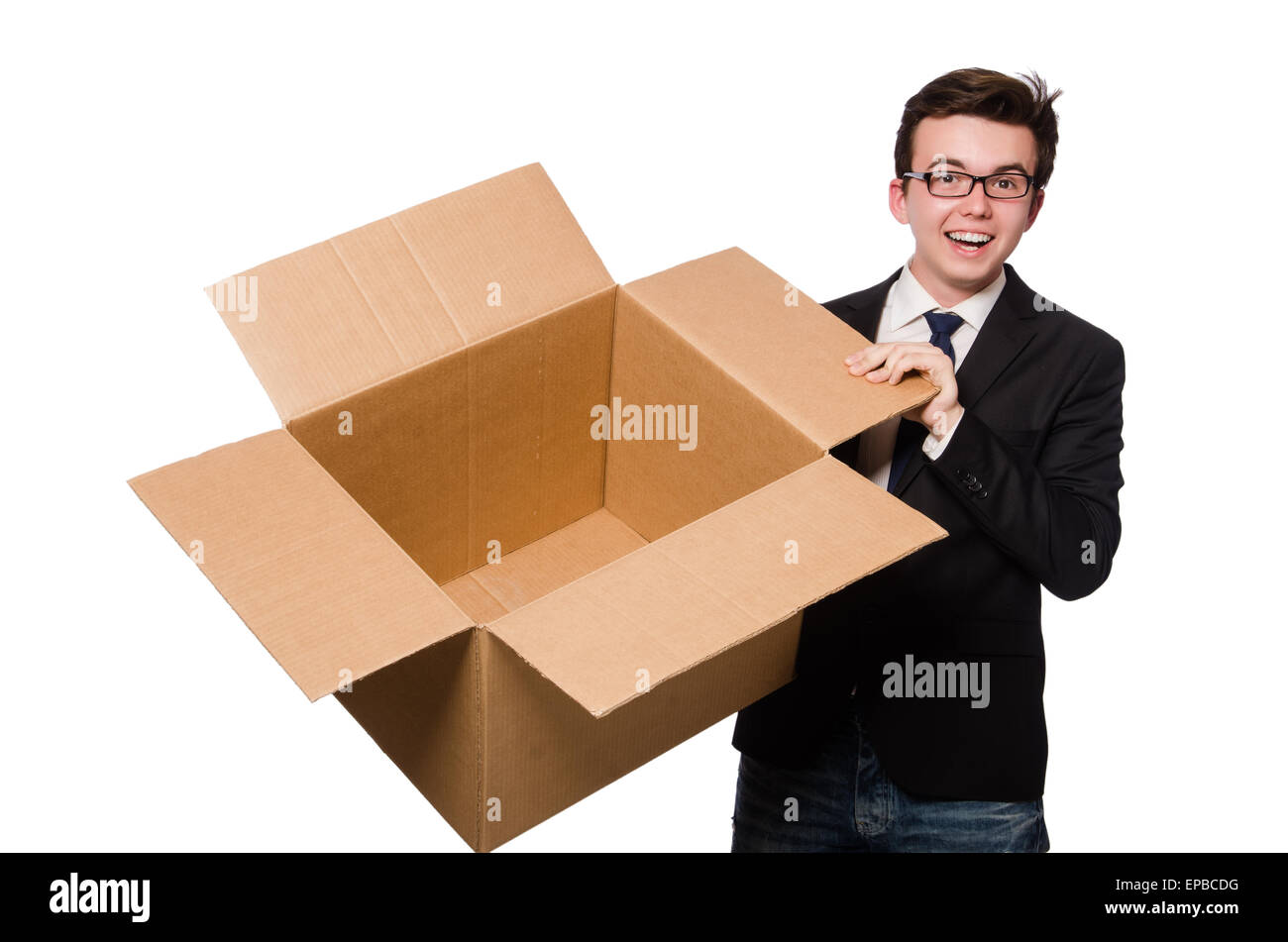 Funny man with boxes isolated on white Stock Photo - Alamy
