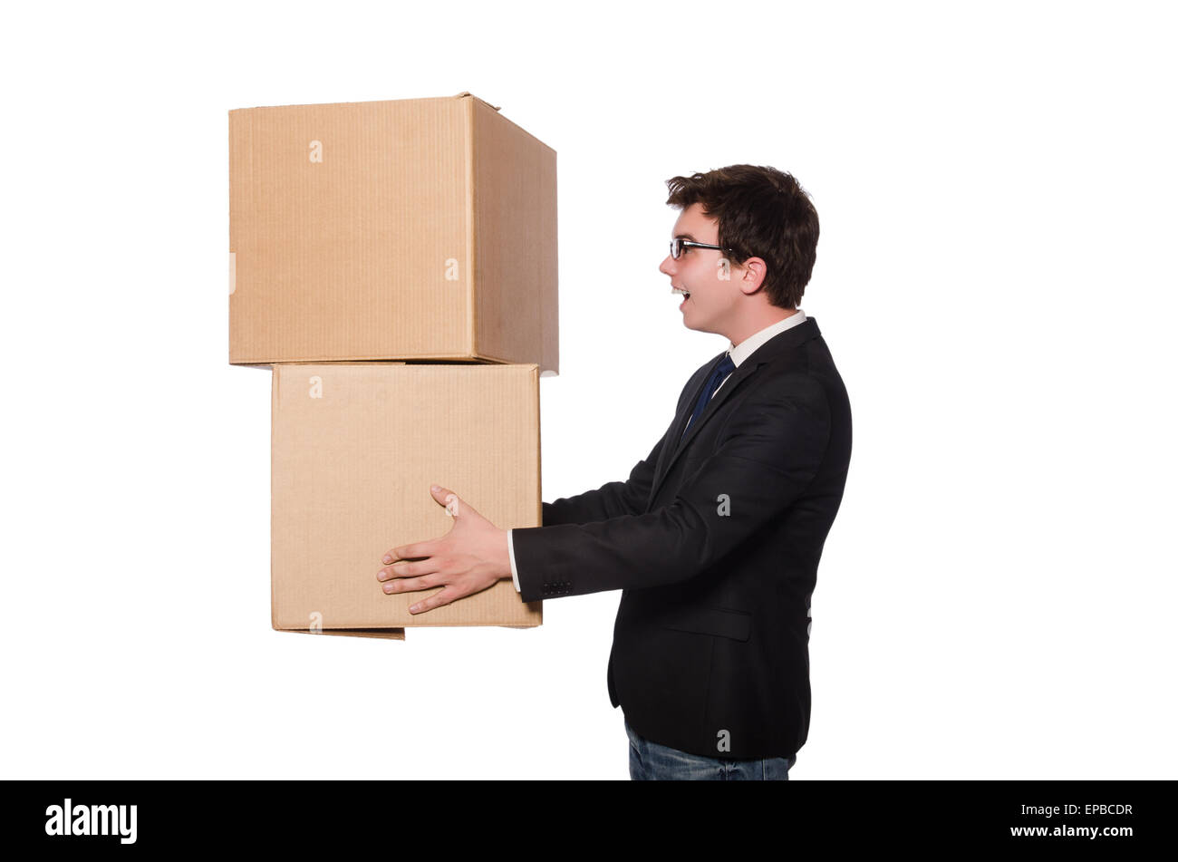 Funny man with boxes isolated on white Stock Photo - Alamy