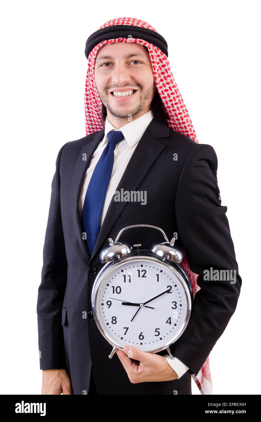Arab man in time concept on white Stock Photo - Alamy