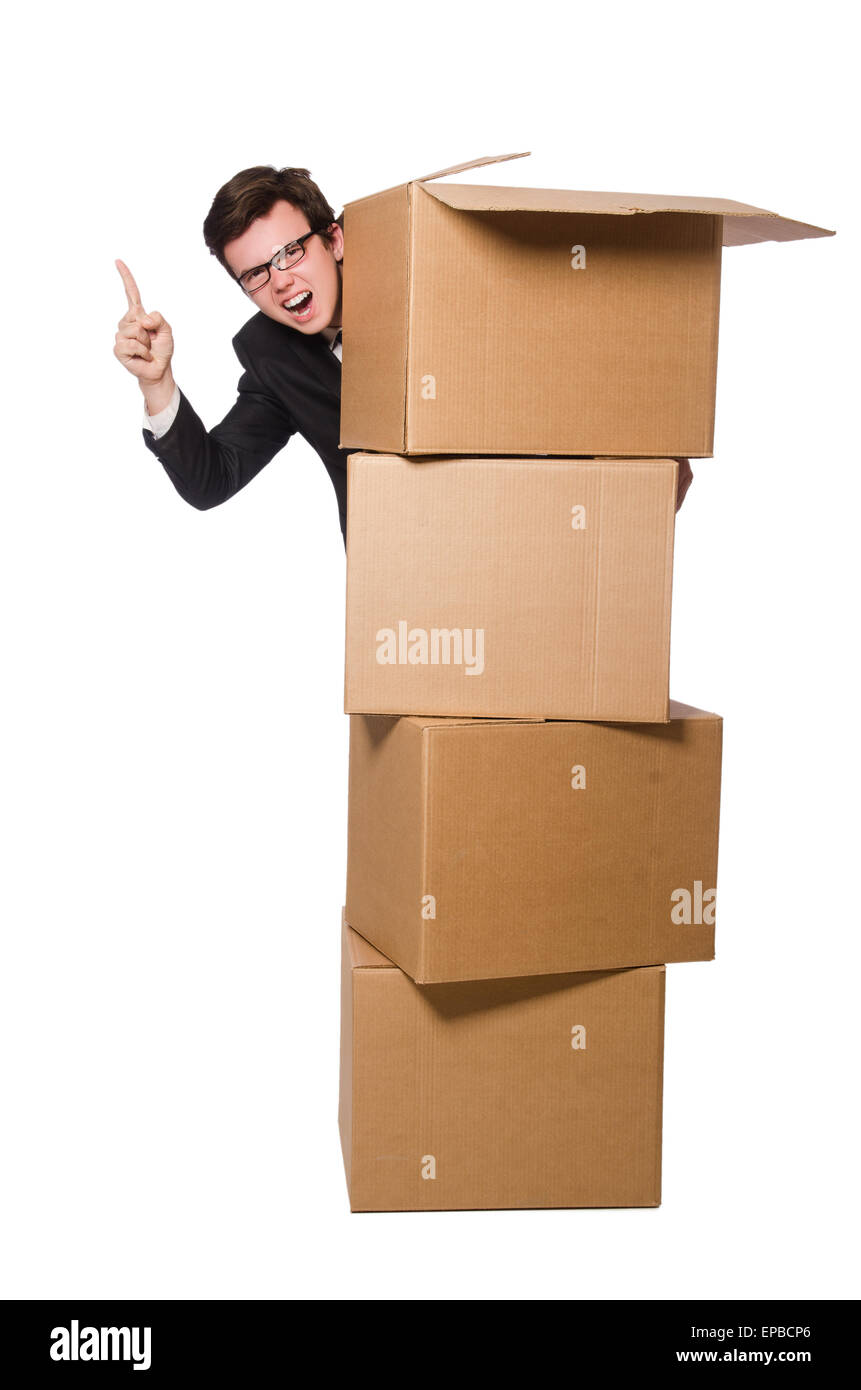 Funny man with boxes isolated on white Stock Photo - Alamy