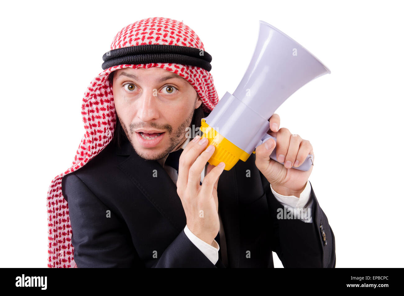 Arab yelling with loudspeaker isolated on white Stock Photo - Alamy