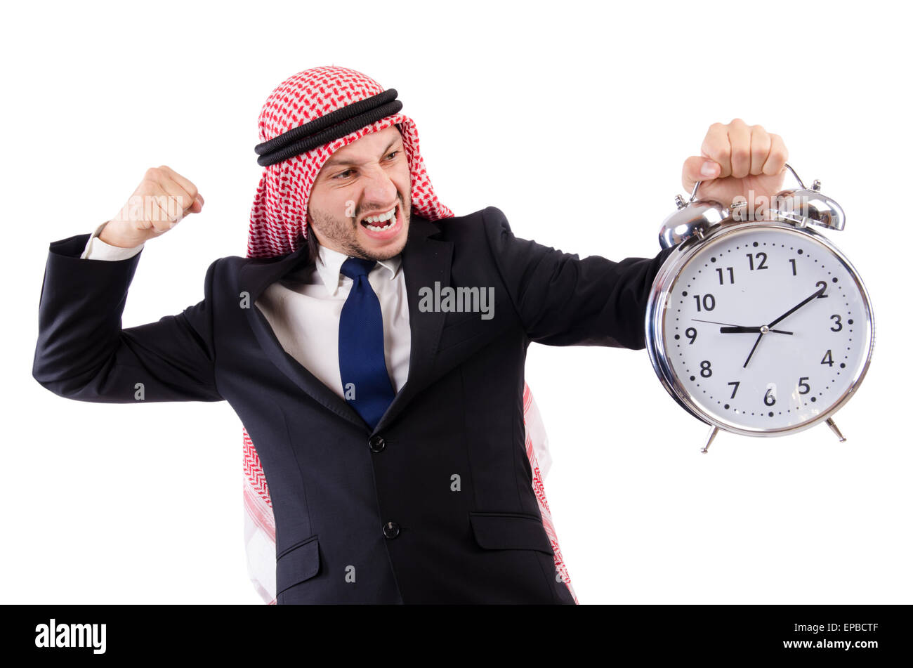 Arab man in time concept on white Stock Photo - Alamy