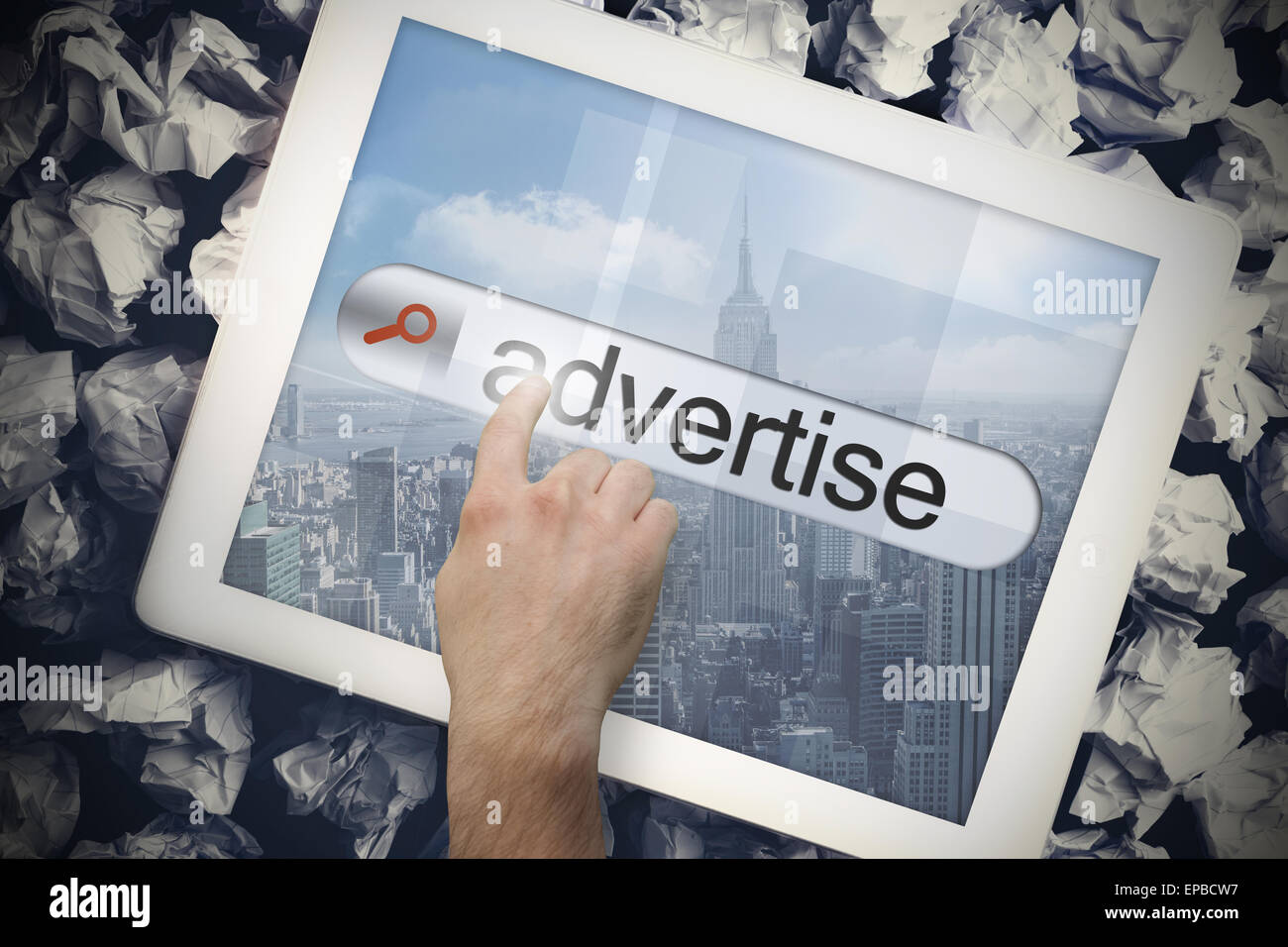 Hand touching advertise on search bar on tablet screen Stock Photo - Alamy