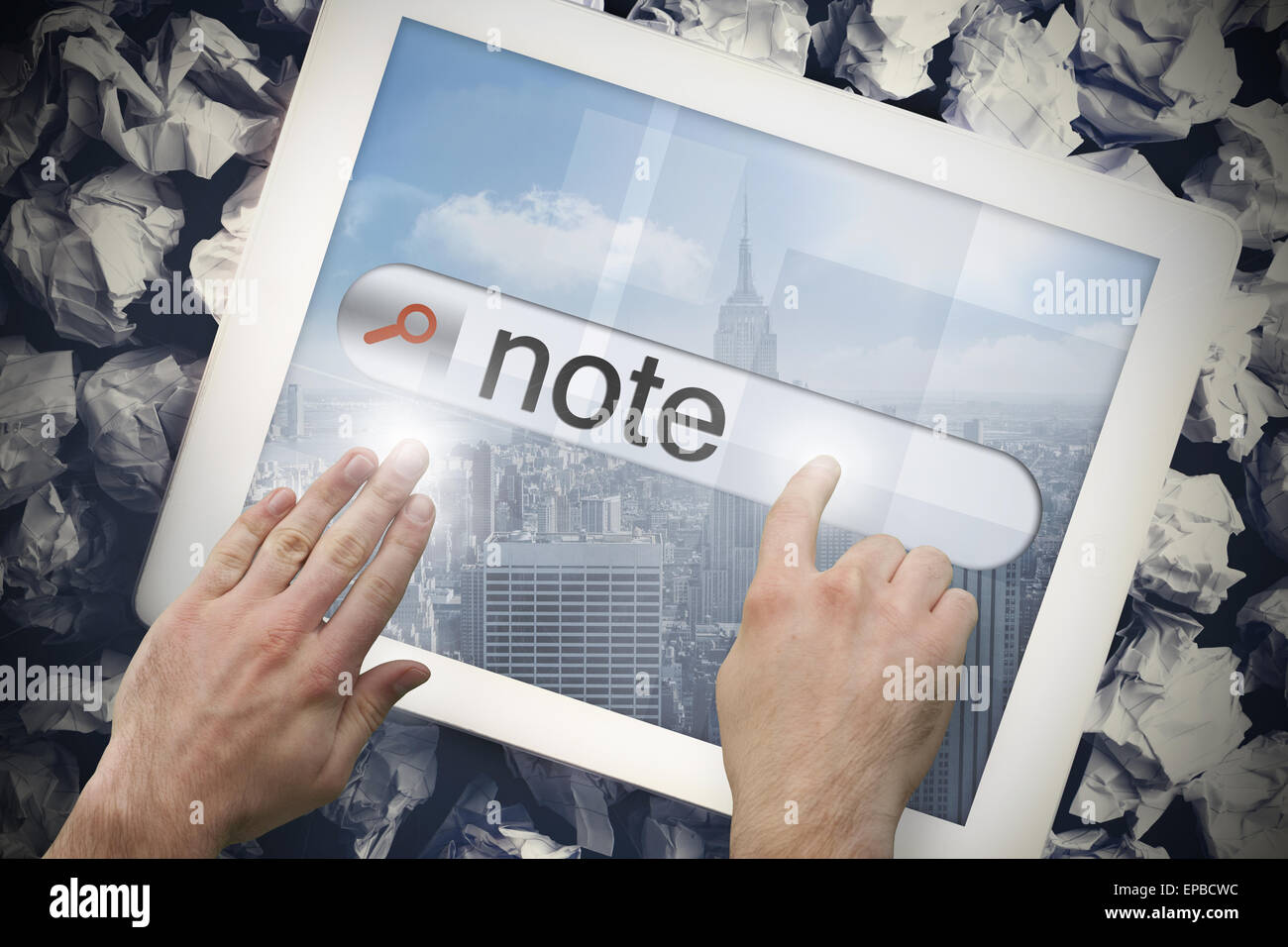 Hand touching note on search bar on tablet screen Stock Photo - Alamy