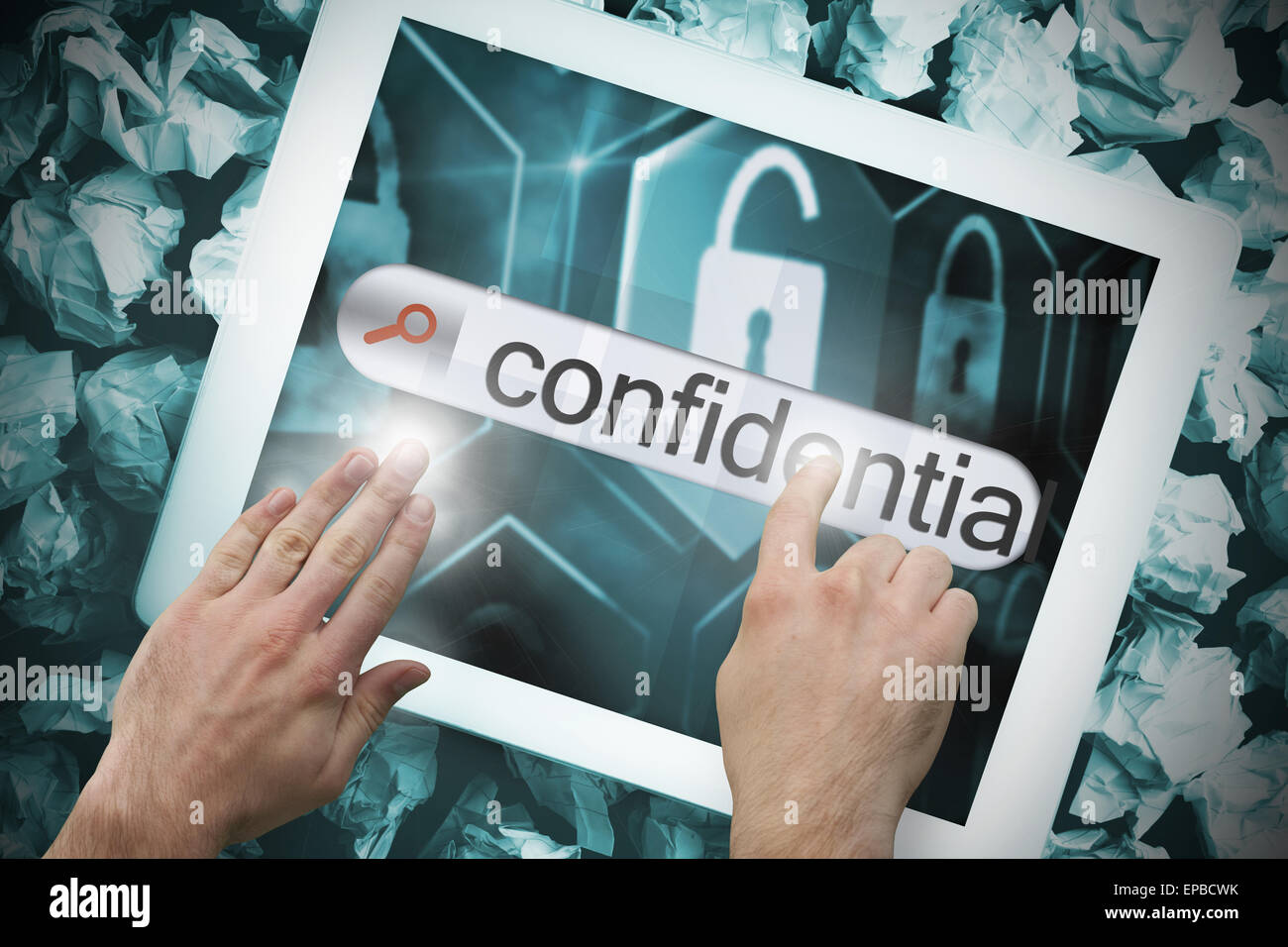 Hand touching confidential on search bar on tablet screen Stock Photo ...