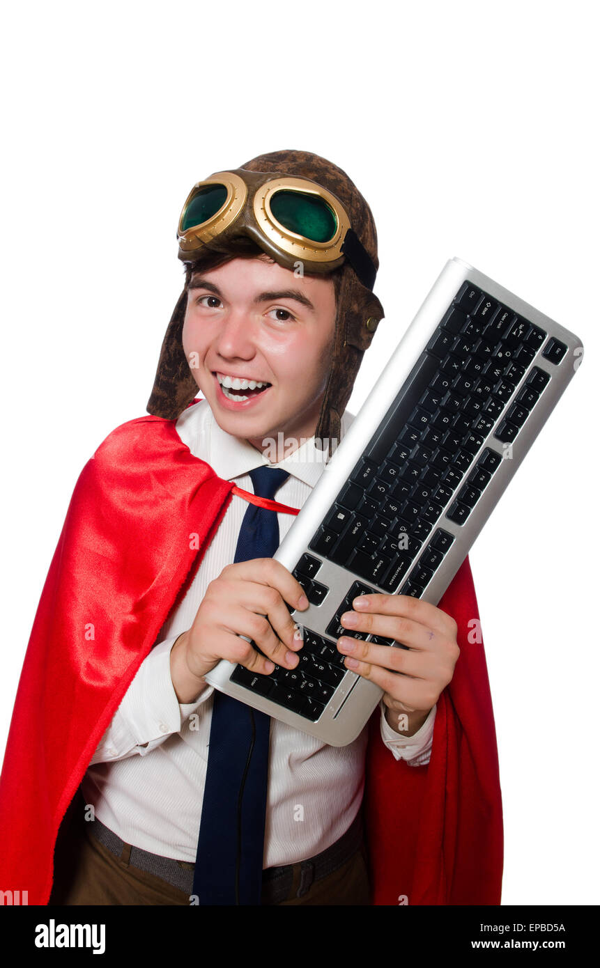 Funny hero with keyboard isolated on the white Stock Photo - Alamy