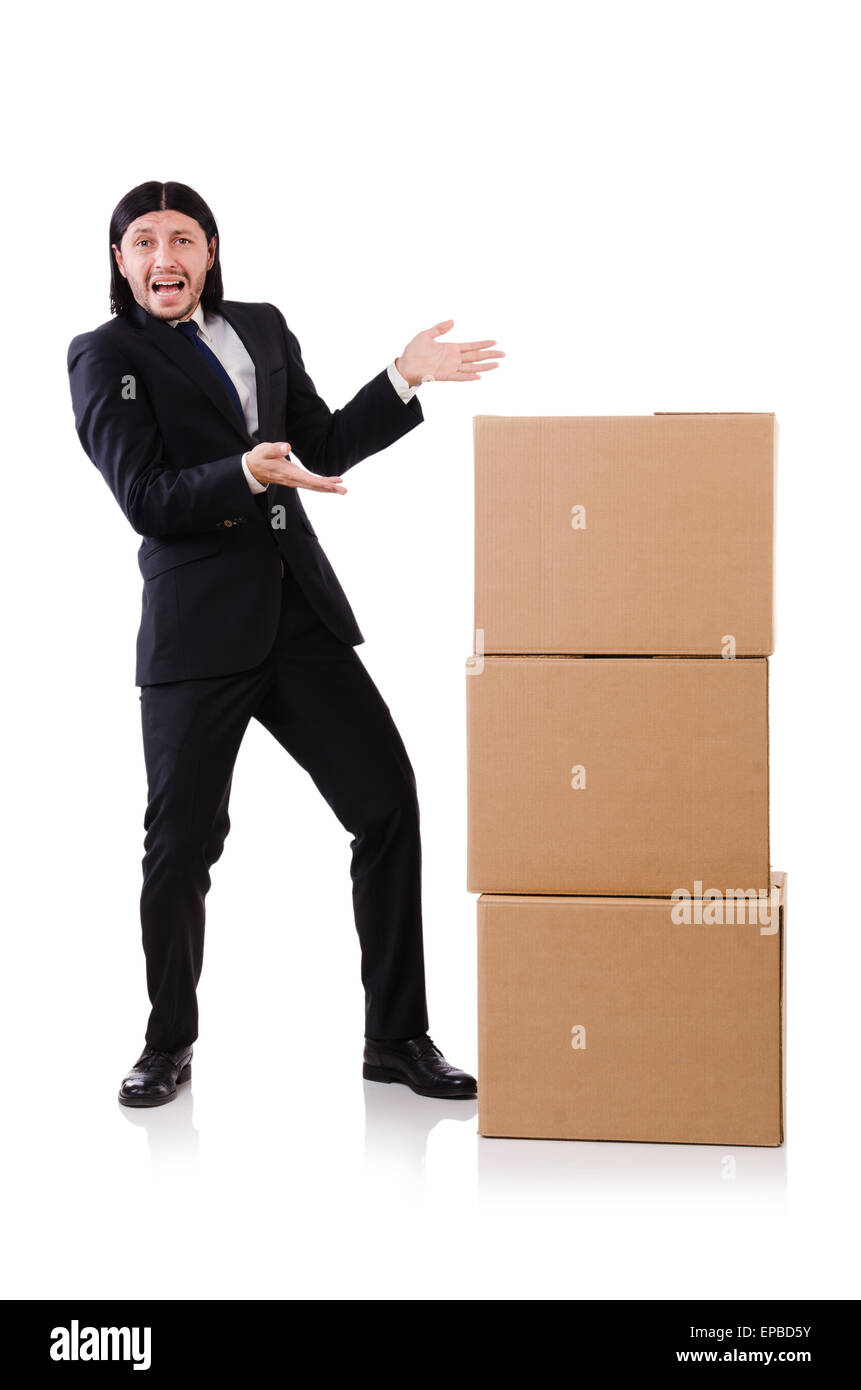 Funny man with boxes on white Stock Photo - Alamy