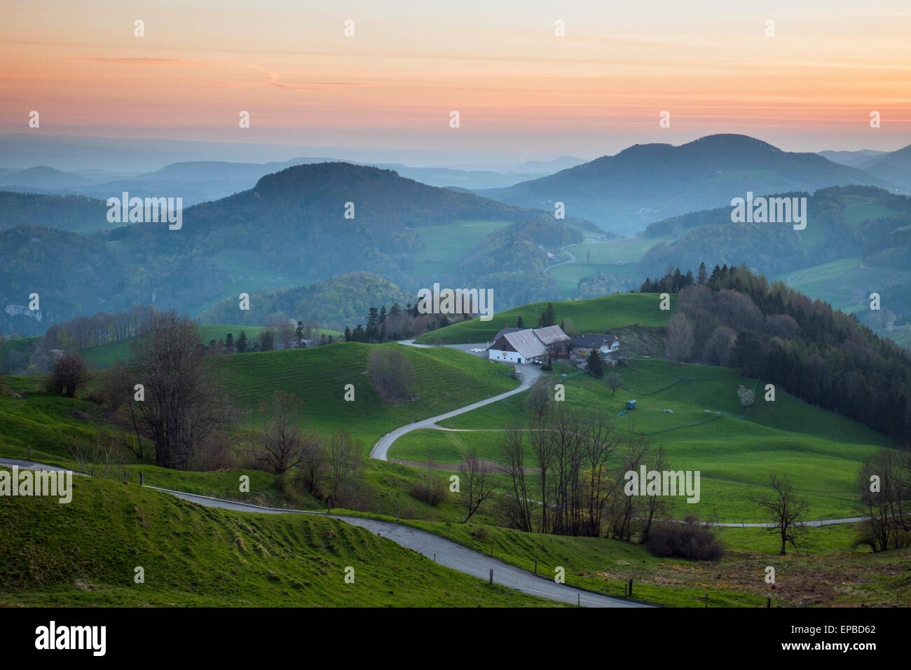 Spring morning in Swiss Jura mountains near Eptingen, canton Basel ...