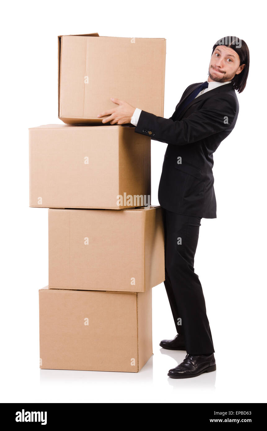 Funny man with boxes on white Stock Photo - Alamy