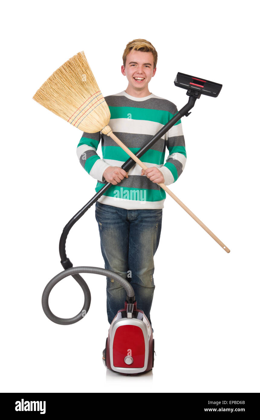 Man with vacuum cleaner and broom on white Stock Photo - Alamy