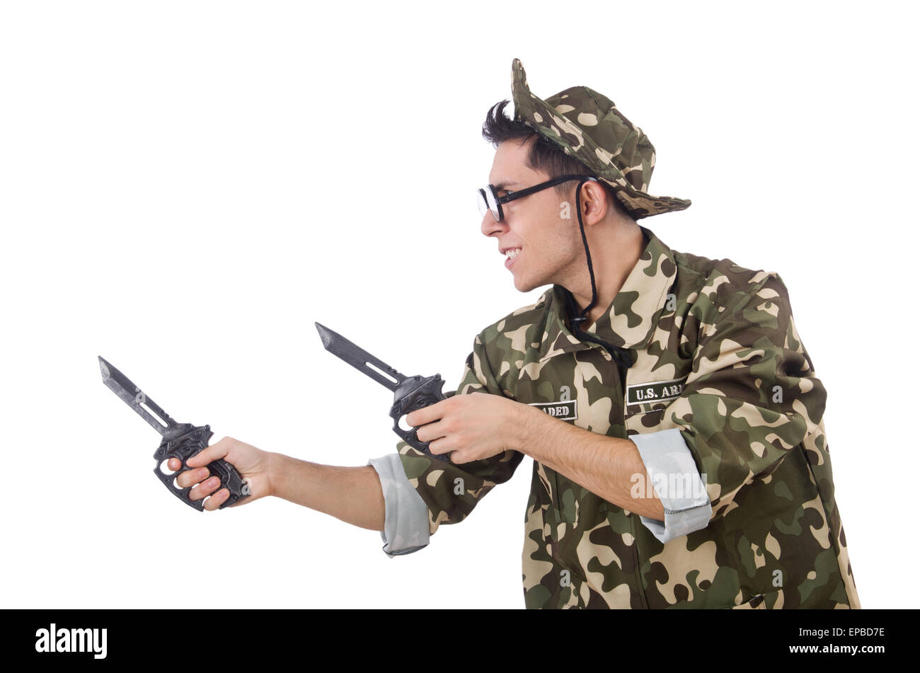 Funny soldier with knife on white Stock Photo - Alamy