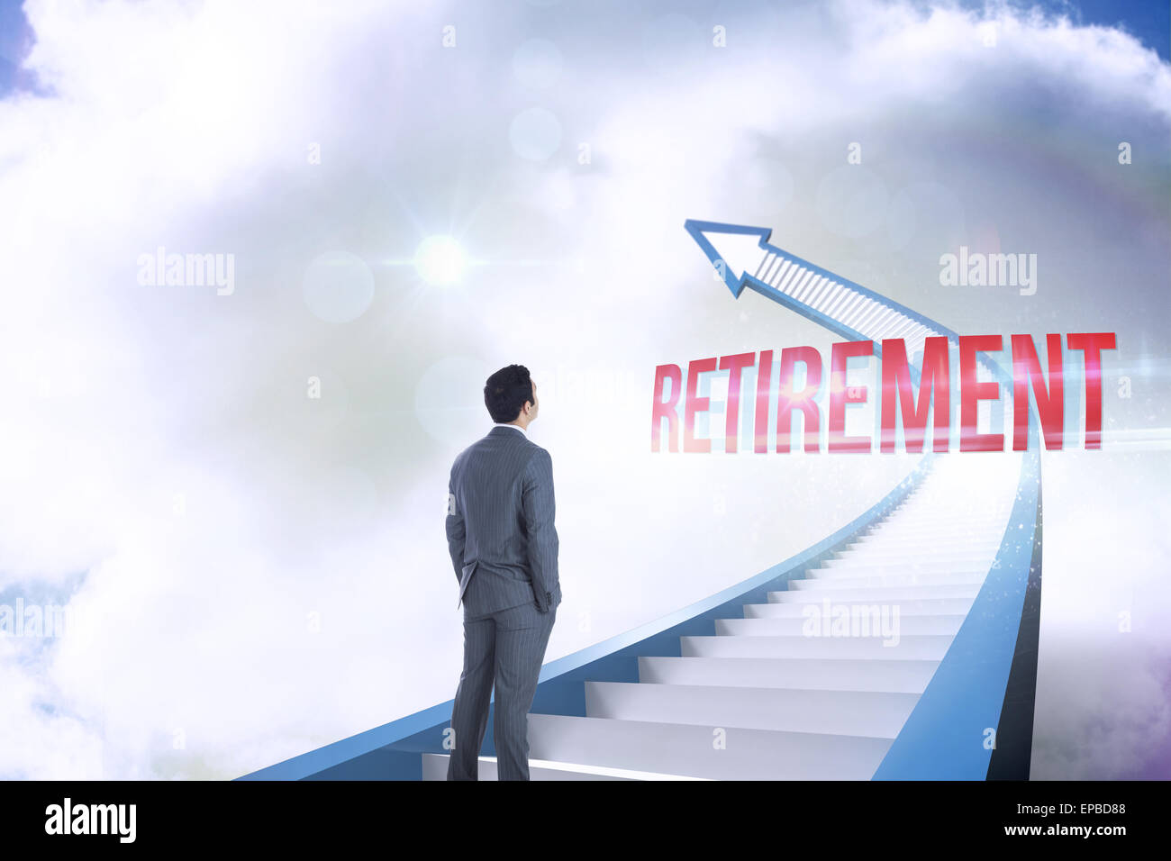 Retirement against red staircase arrow pointing up against sky Stock ...