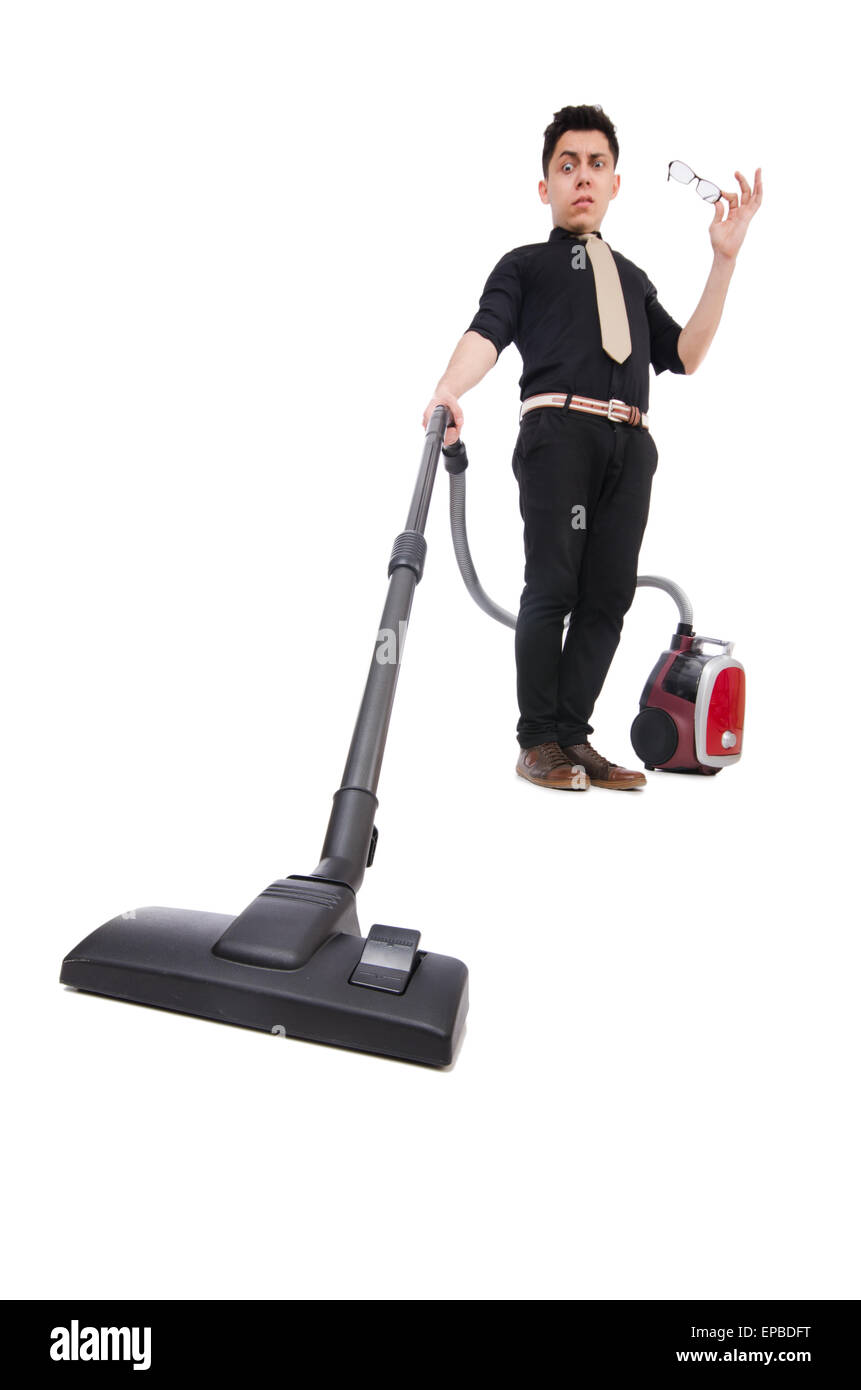 Man with vacuum cleaner isolated on white Stock Photo - Alamy