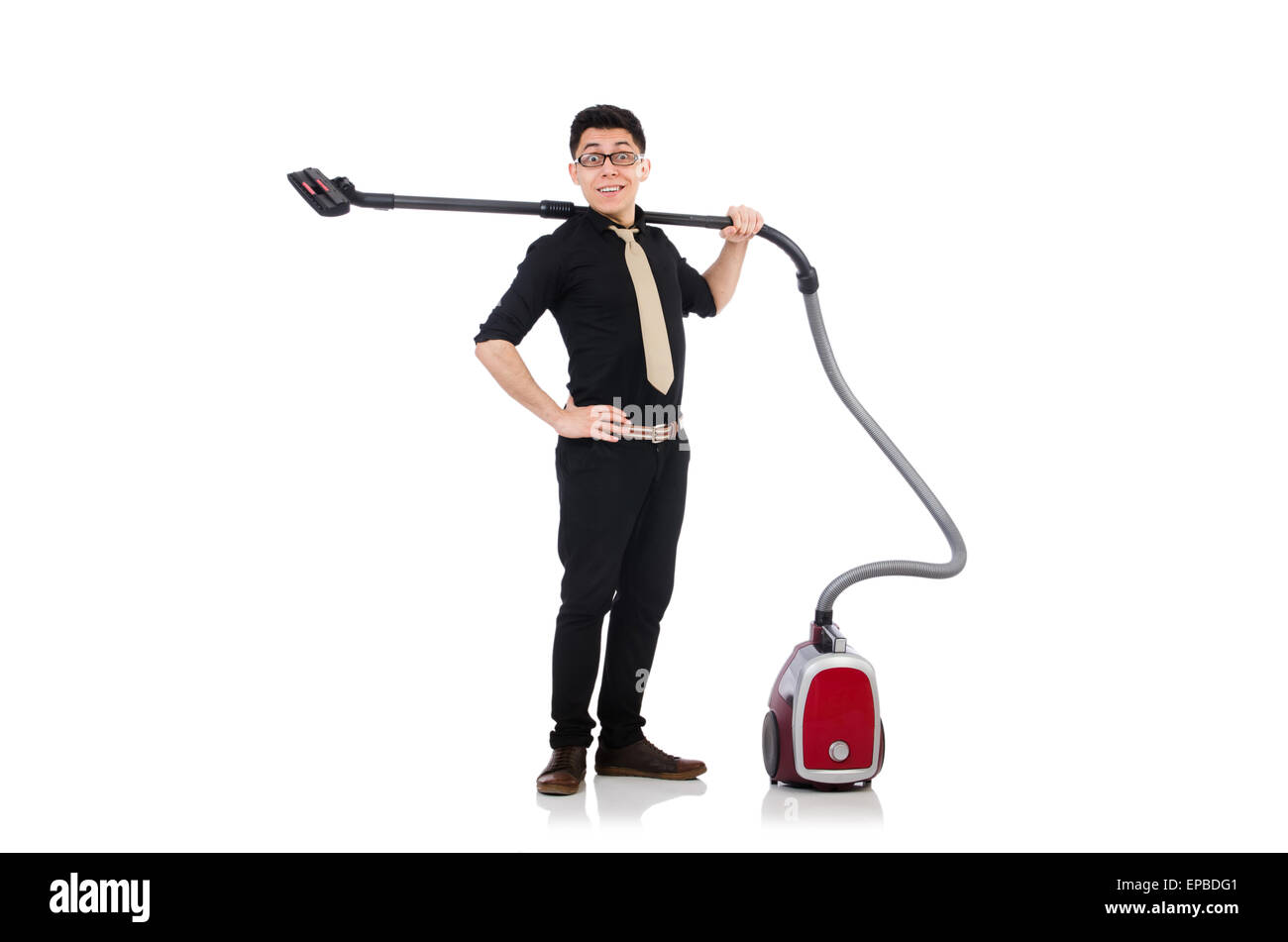Man with vacuum cleaner isolated on white Stock Photo - Alamy