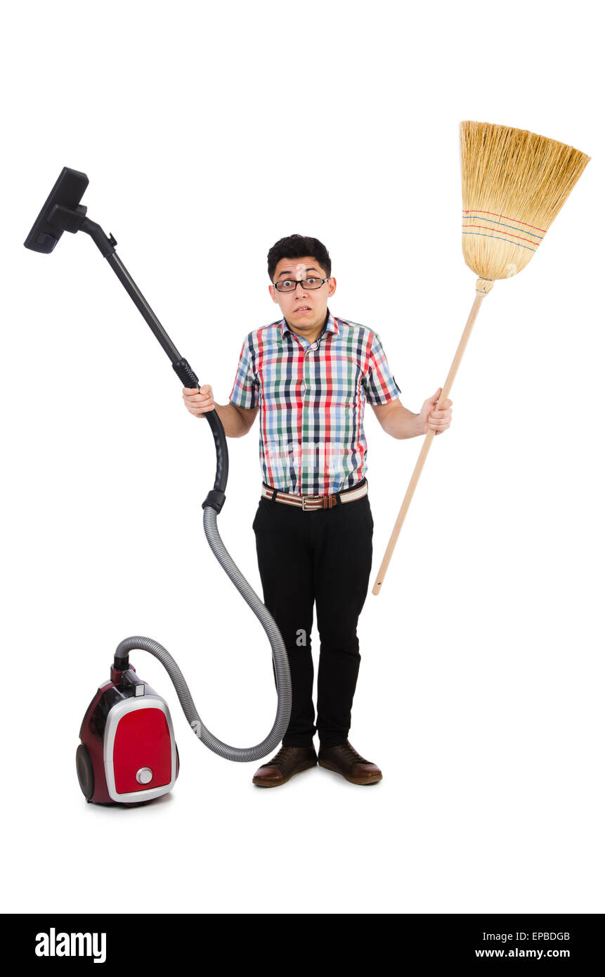 Man with vacuum cleaner and broom on white Stock Photo - Alamy