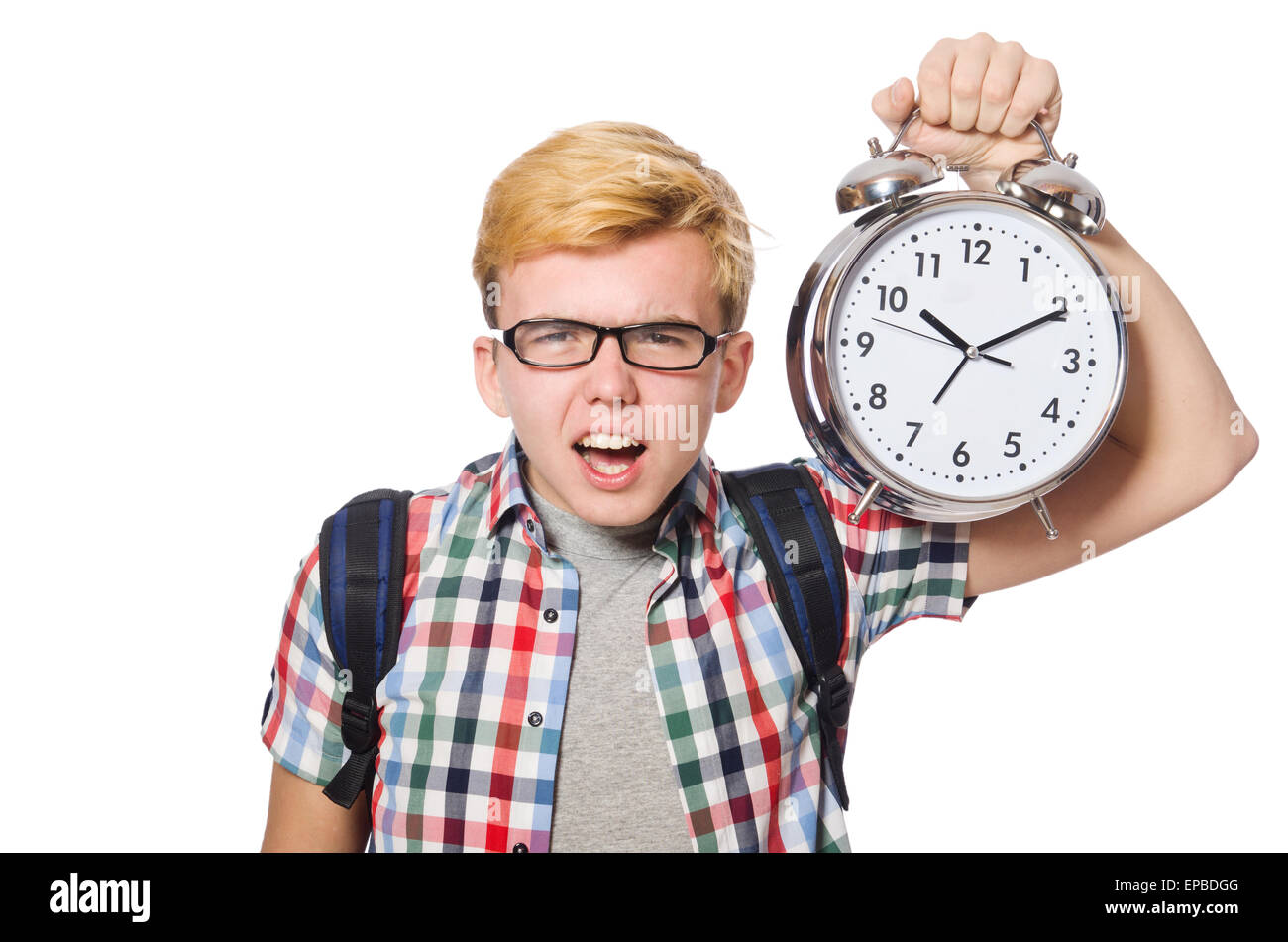Student missing his studying deadlines on white Stock Photo - Alamy