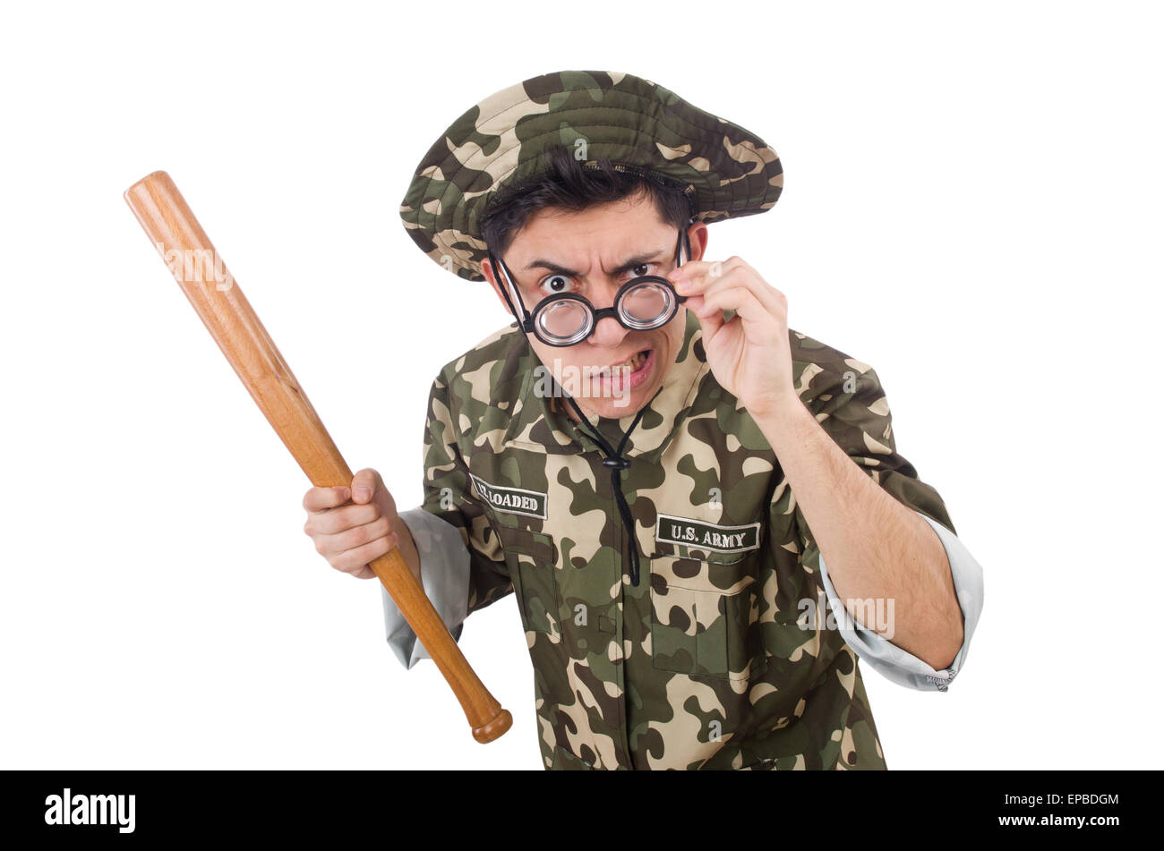 Soldier with baseball bat isolated on white Stock Photo - Alamy