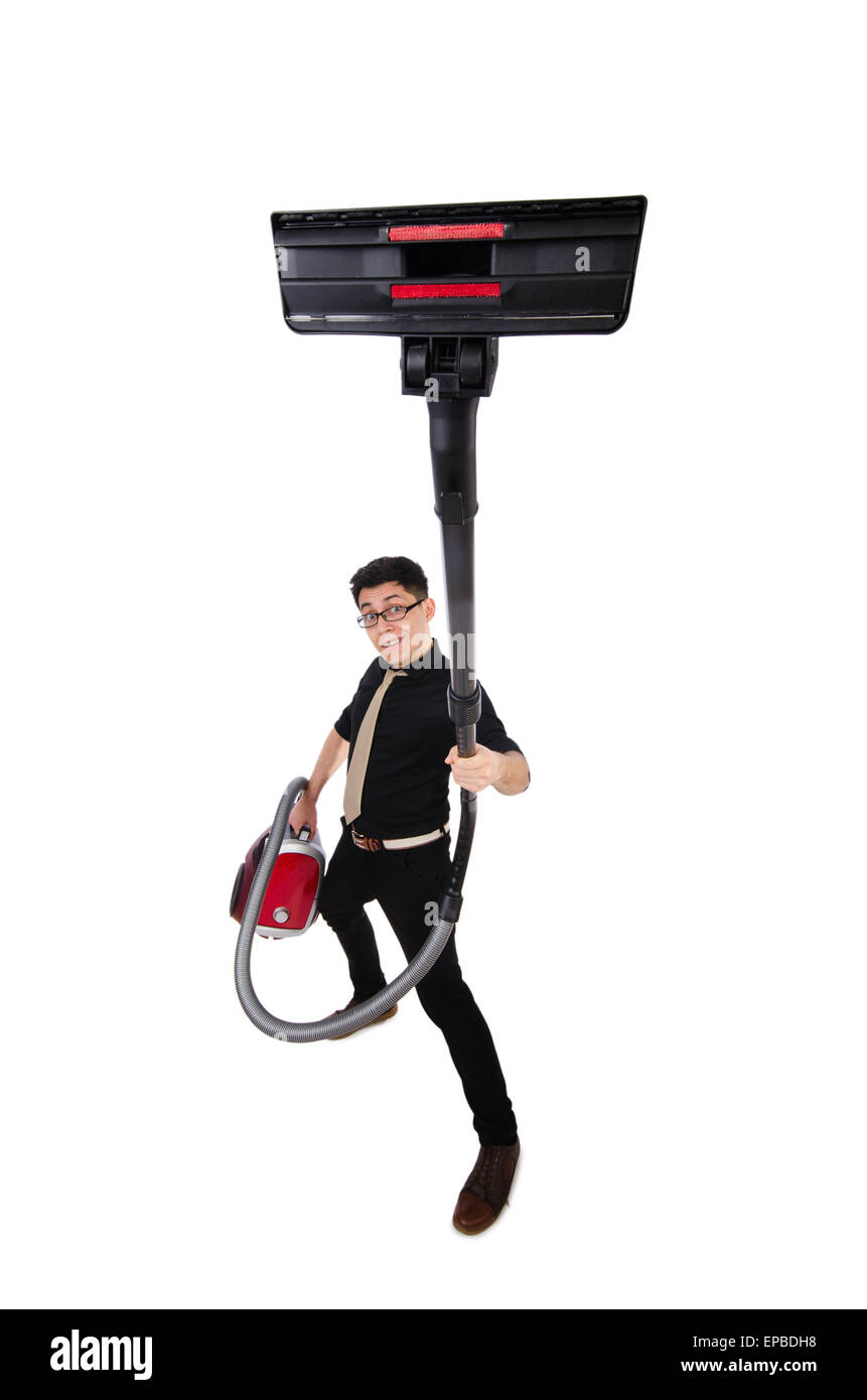 Man with vacuum cleaner isolated on white Stock Photo - Alamy