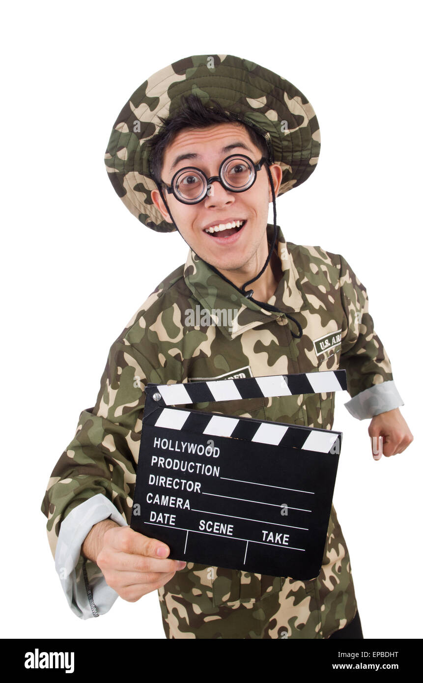 Funny soldier with movie board isolated on the white Stock Photo - Alamy