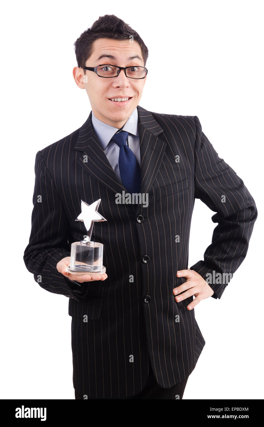 Funny guy receiving award on white Stock Photo - Alamy