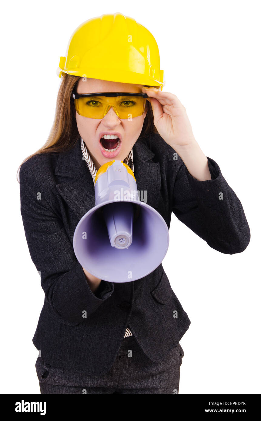 Female construction worker with loudspeaker isolated on white Stock ...