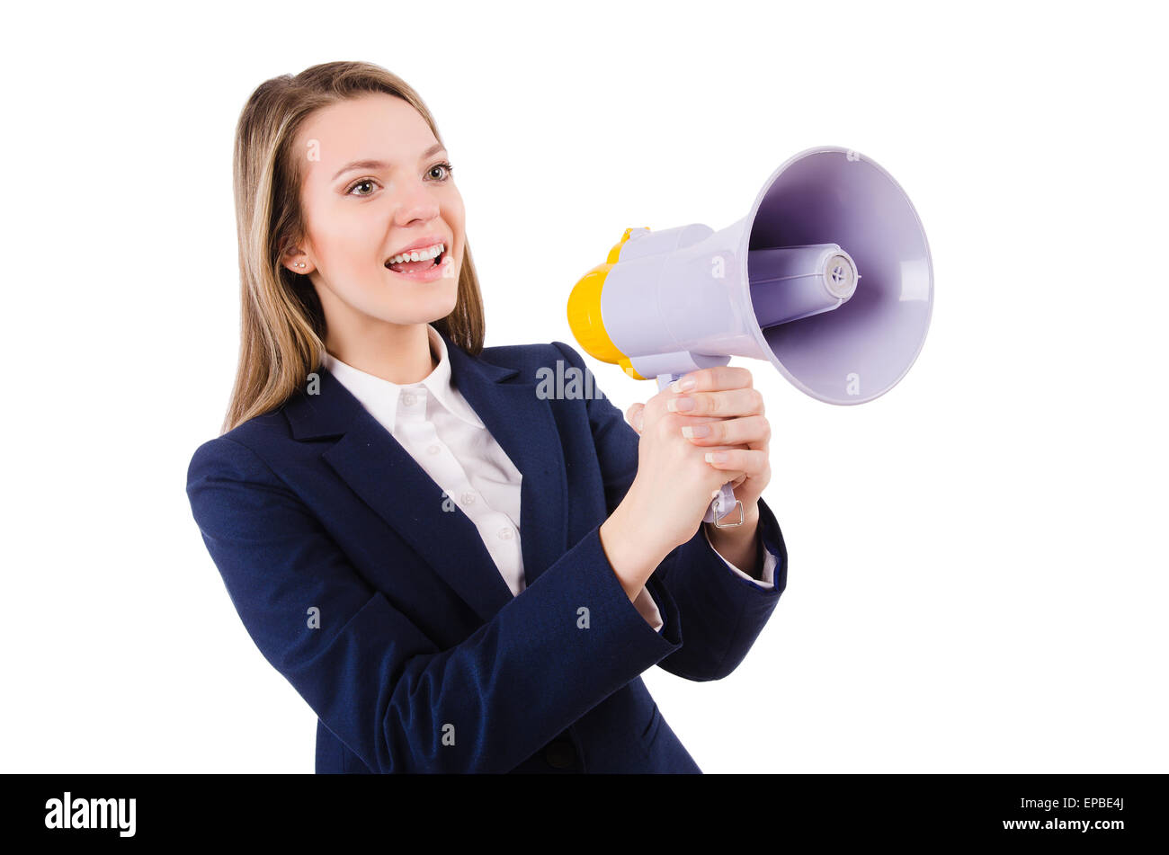 Woman with loudspeaker on white Stock Photo - Alamy