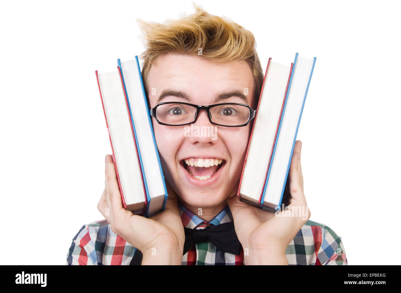 Funny student with stack of books Stock Photo - Alamy