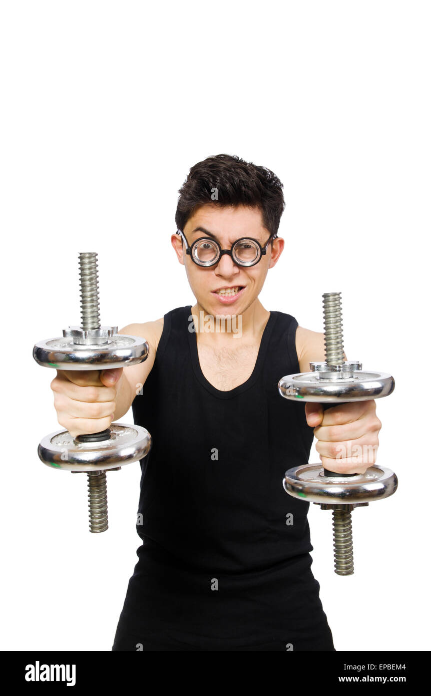 Man with dumbbells isolated on white Stock Photo - Alamy