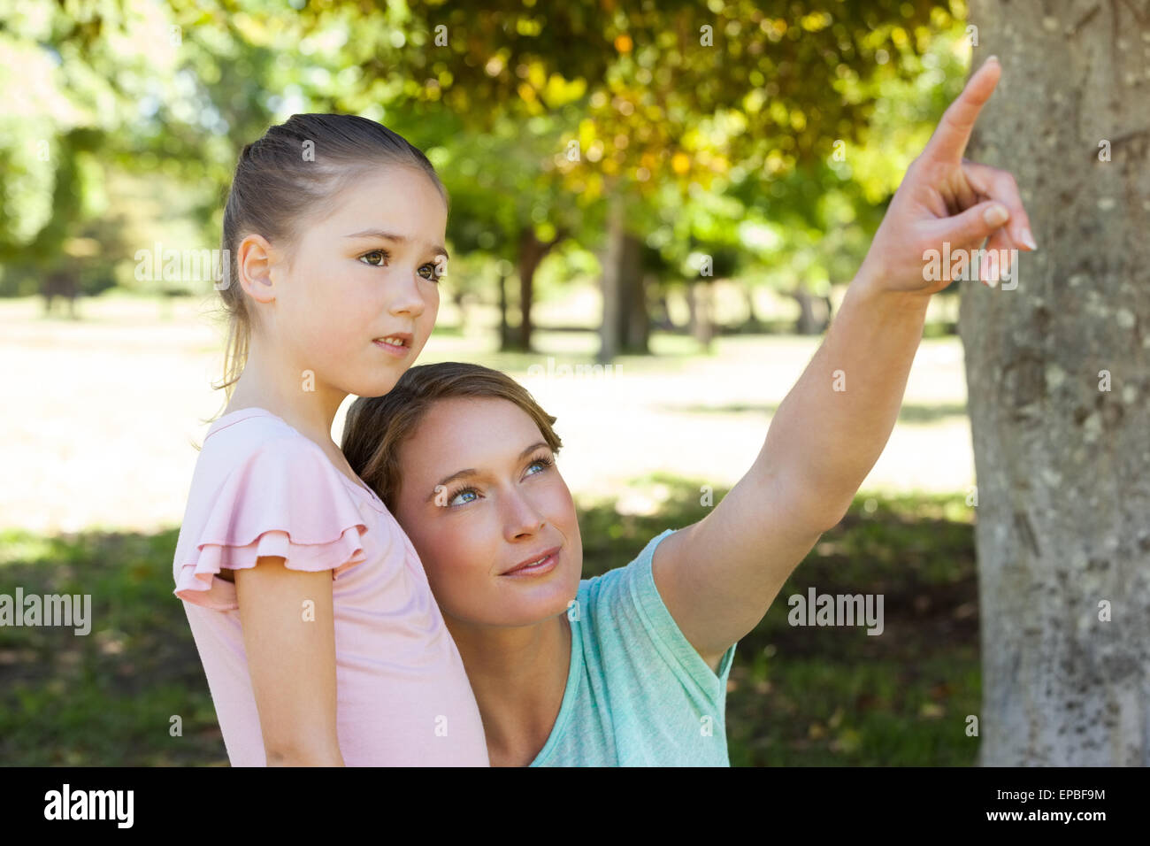 Mother pointing at something besides daughter at park Stock Photo - Alamy
