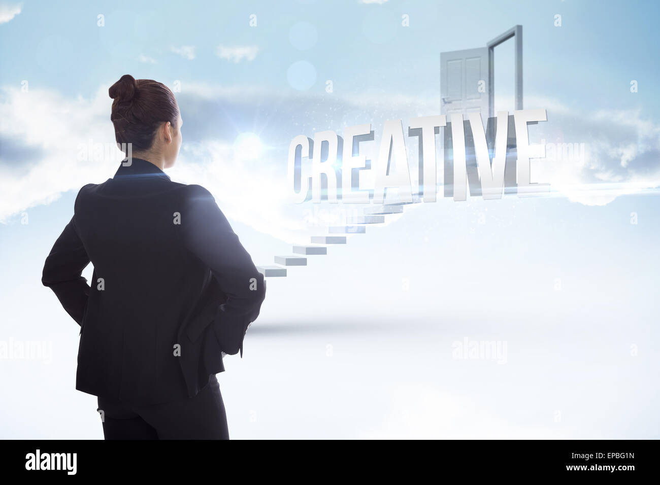 Creative against white steps leading to open door Stock Photo - Alamy