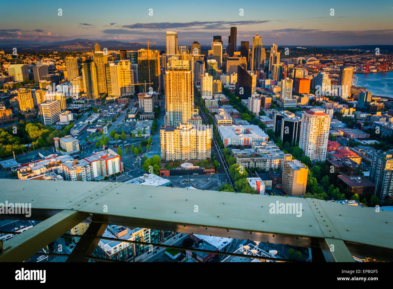Evening view of the downtown Seattle skyline, in Seattle, Washington ...