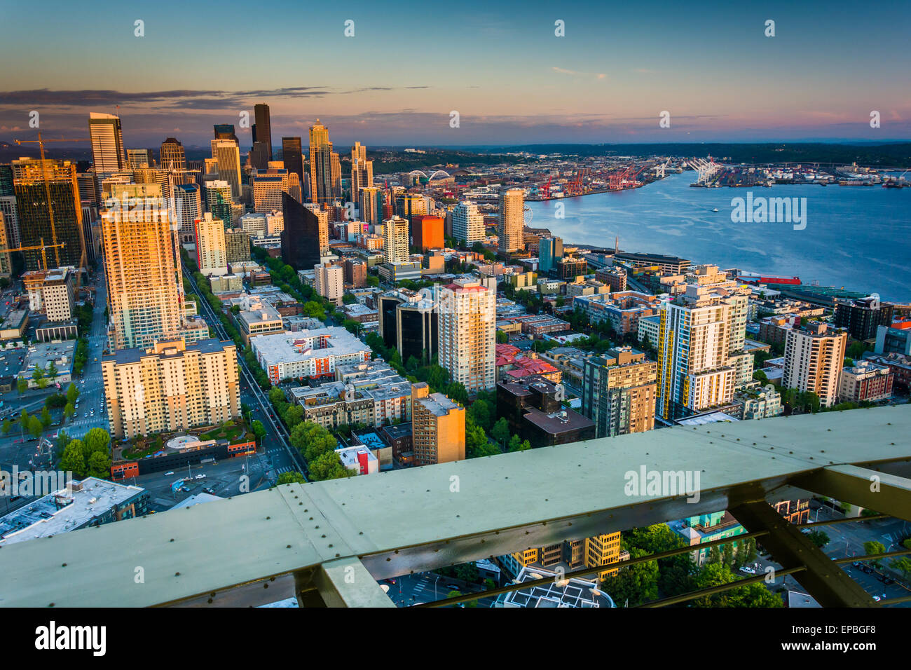 Evening view of the downtown Seattle skyline, in Seattle, Washington ...