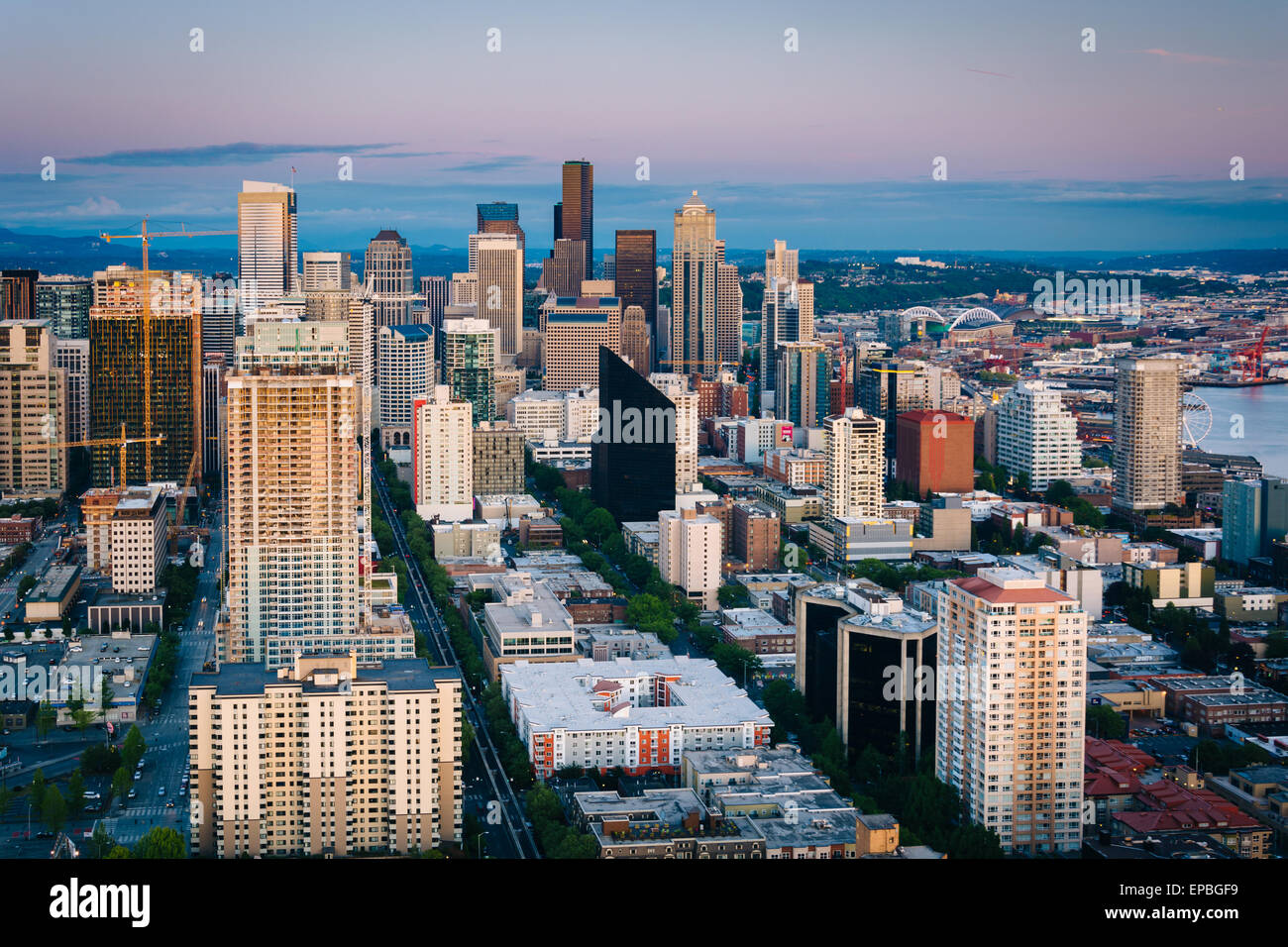 Evening view of the downtown Seattle skyline, in Seattle, Washington ...