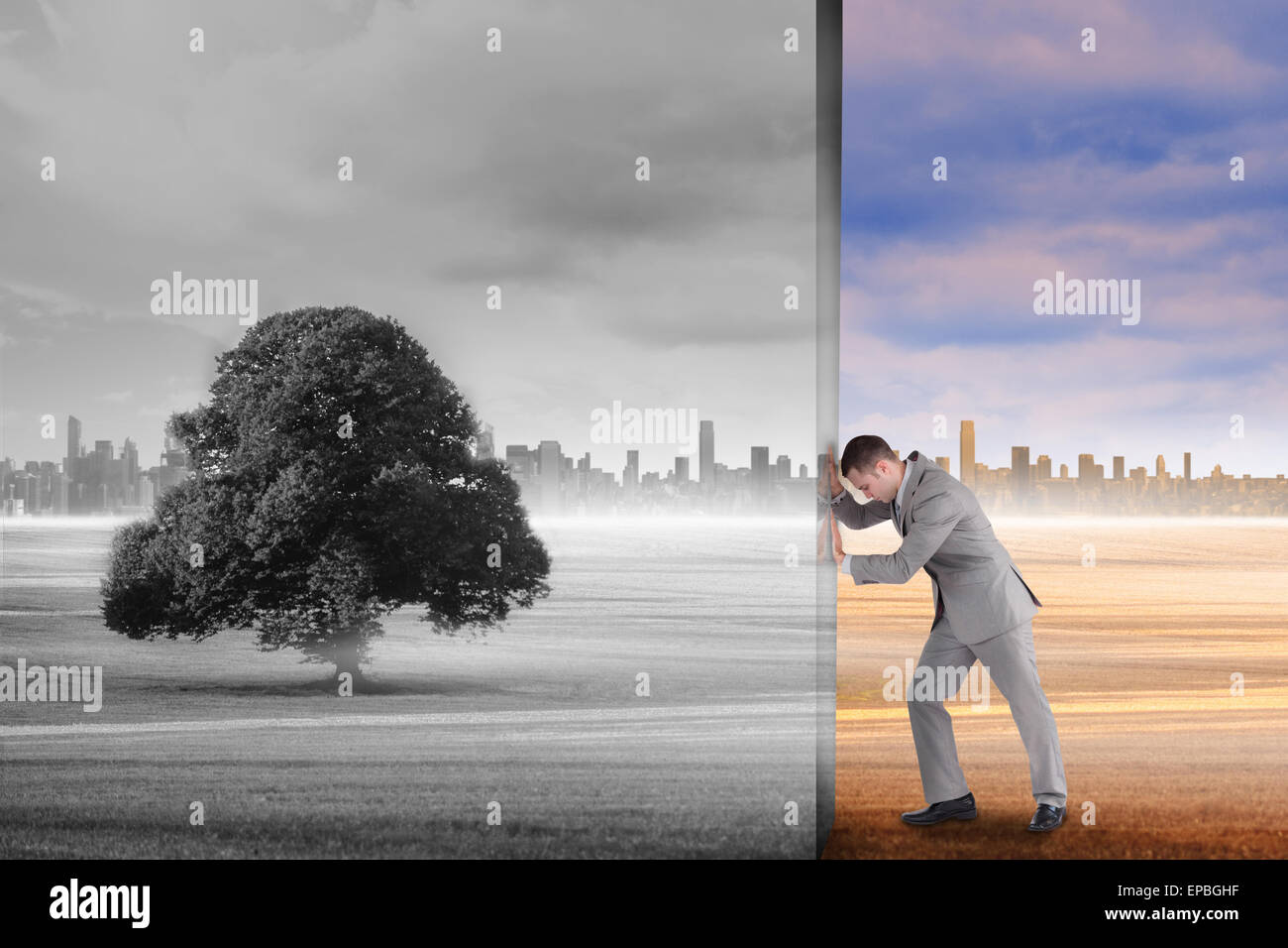 Composite image of businessman pushing away scene of balcony and stormy ...