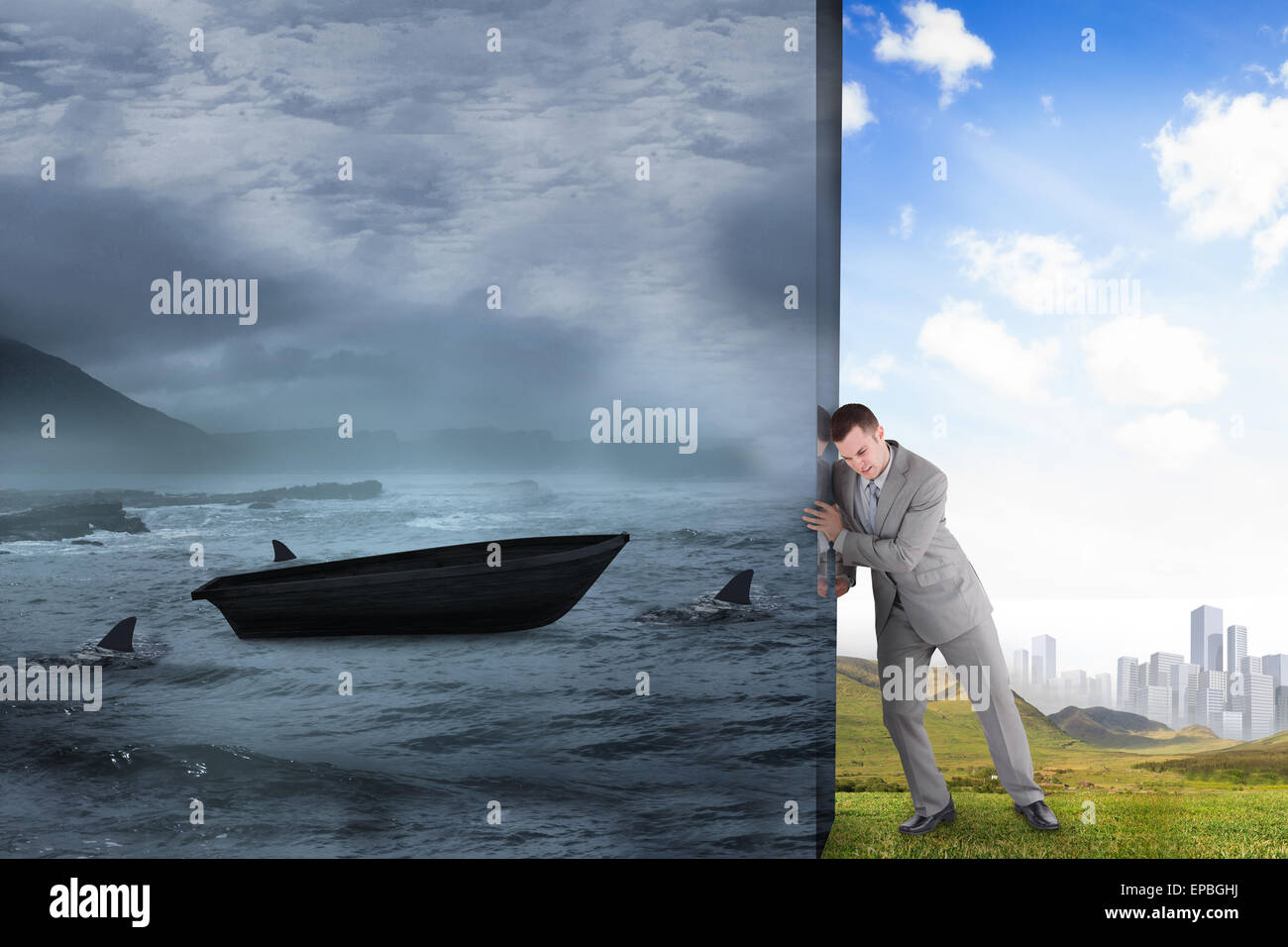 Composite image of businessman pushing away scene Stock Photo - Alamy