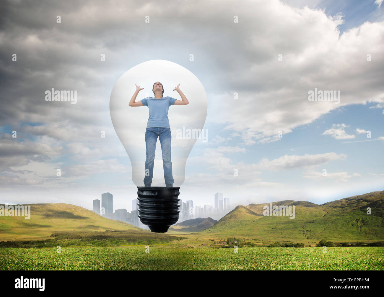 Angry woman in light bulb against balcony overlooking city Stock Photo ...