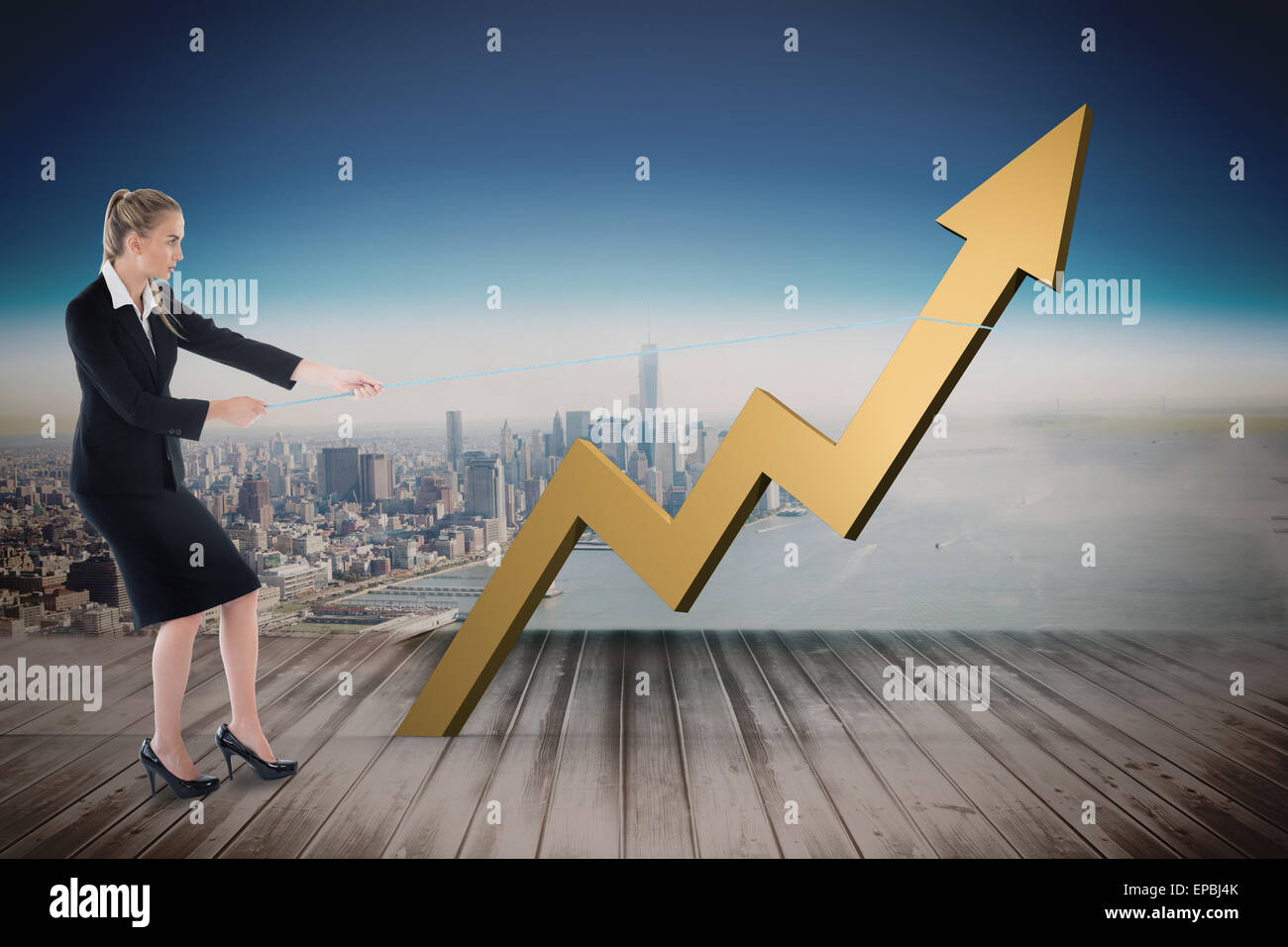 Composite image of businesswoman pulling a rope around arrow Stock ...