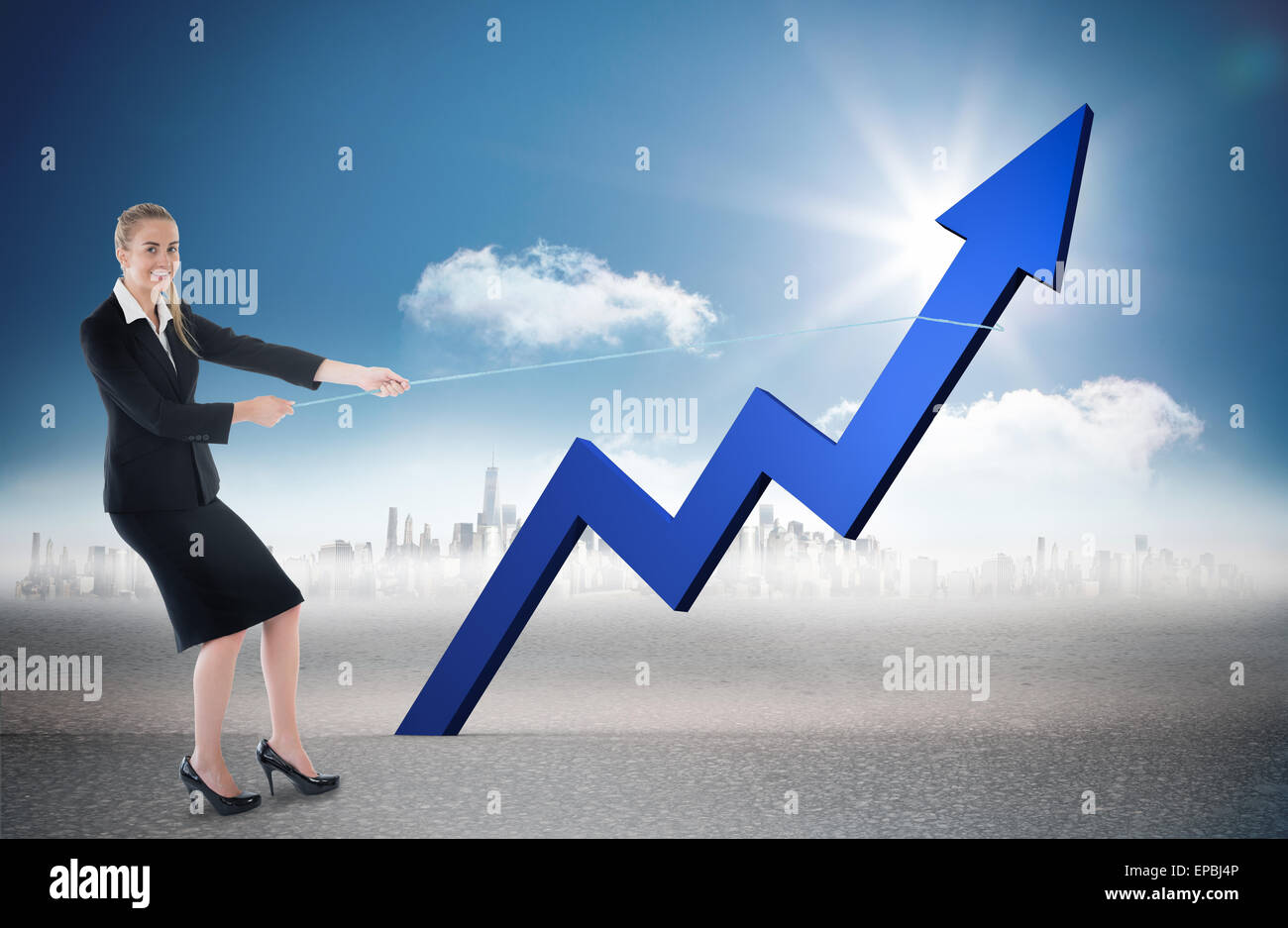 Composite image of businesswoman pulling a rope around arrow Stock ...