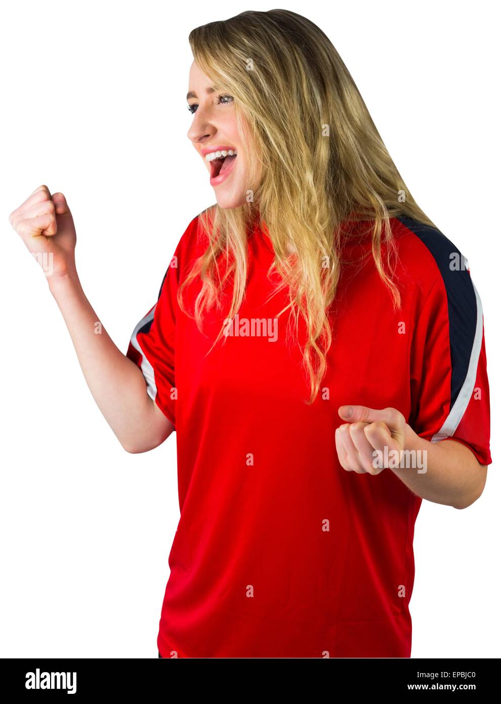 Cheering football fan in red Stock Photo - Alamy