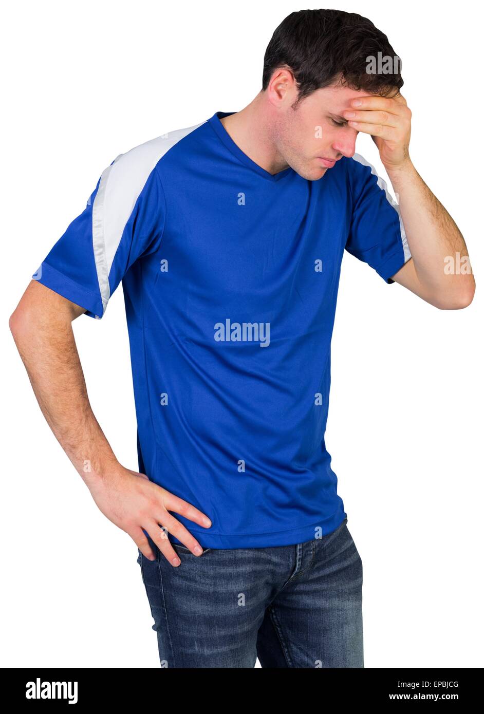 Disappointed football fan in blue Stock Photo - Alamy