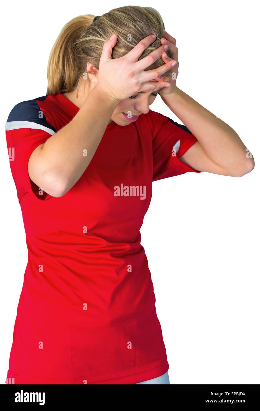 Disappointed football fan in red Stock Photo - Alamy