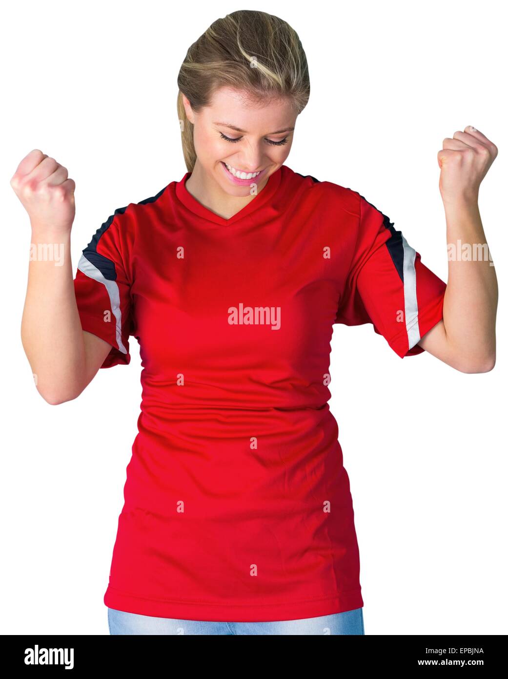 Cheering football fan in red Stock Photo - Alamy
