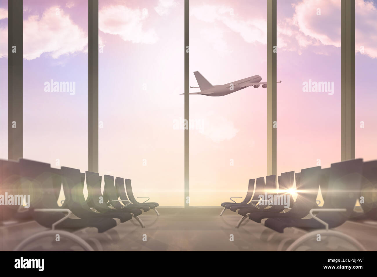 Airplane flying past departures lounge window Stock Photo - Alamy