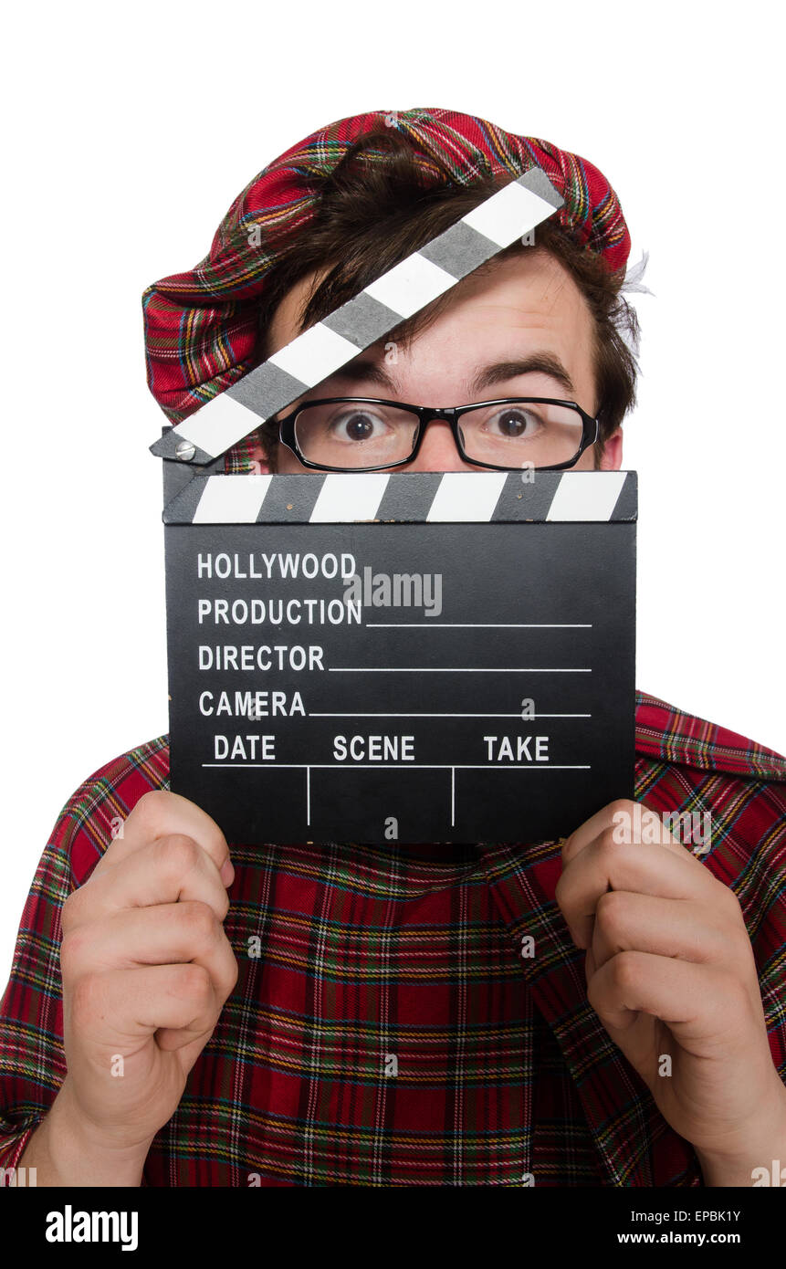 Funny scotsman with movie board on white Stock Photo - Alamy