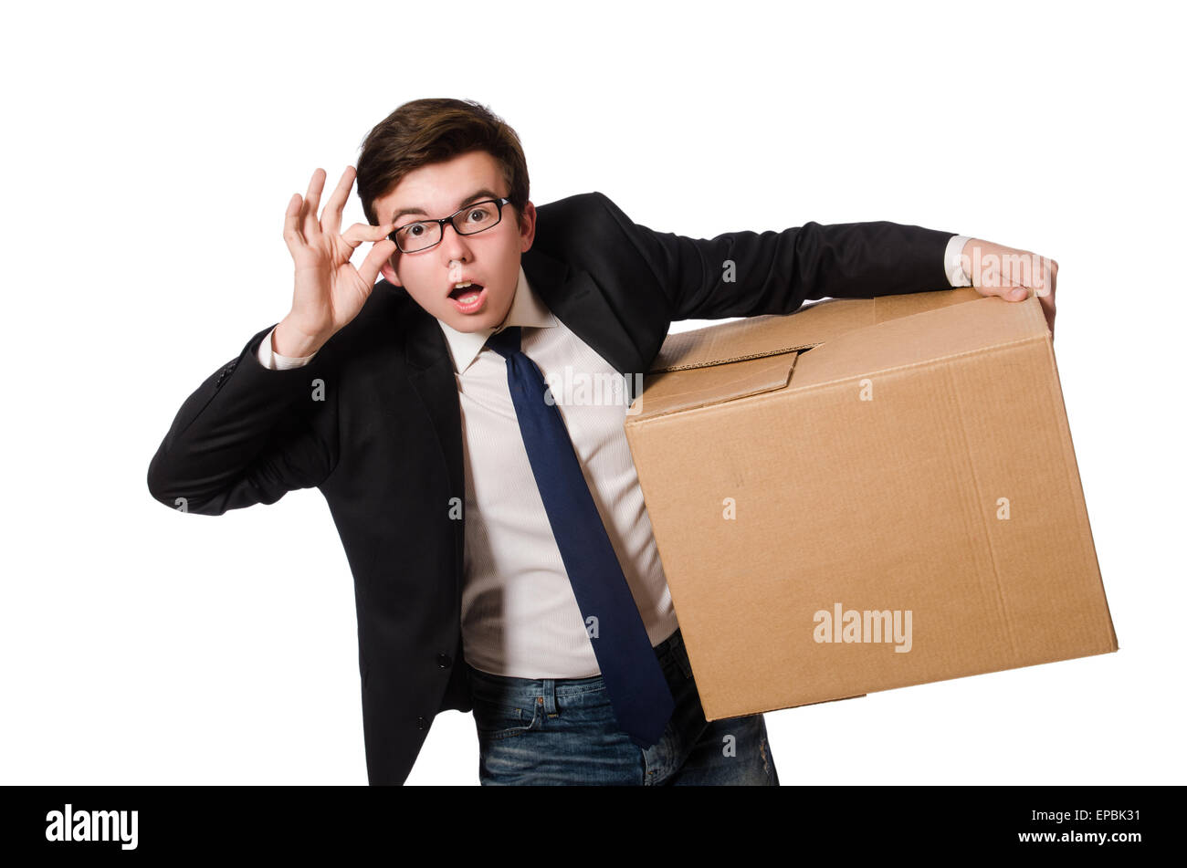 Funny man with boxes isolated on white Stock Photo - Alamy