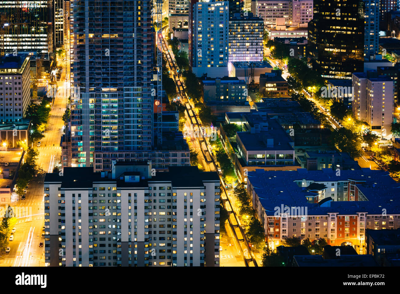 View of buildings and streets in downtown Seattle at night, in Seattle ...