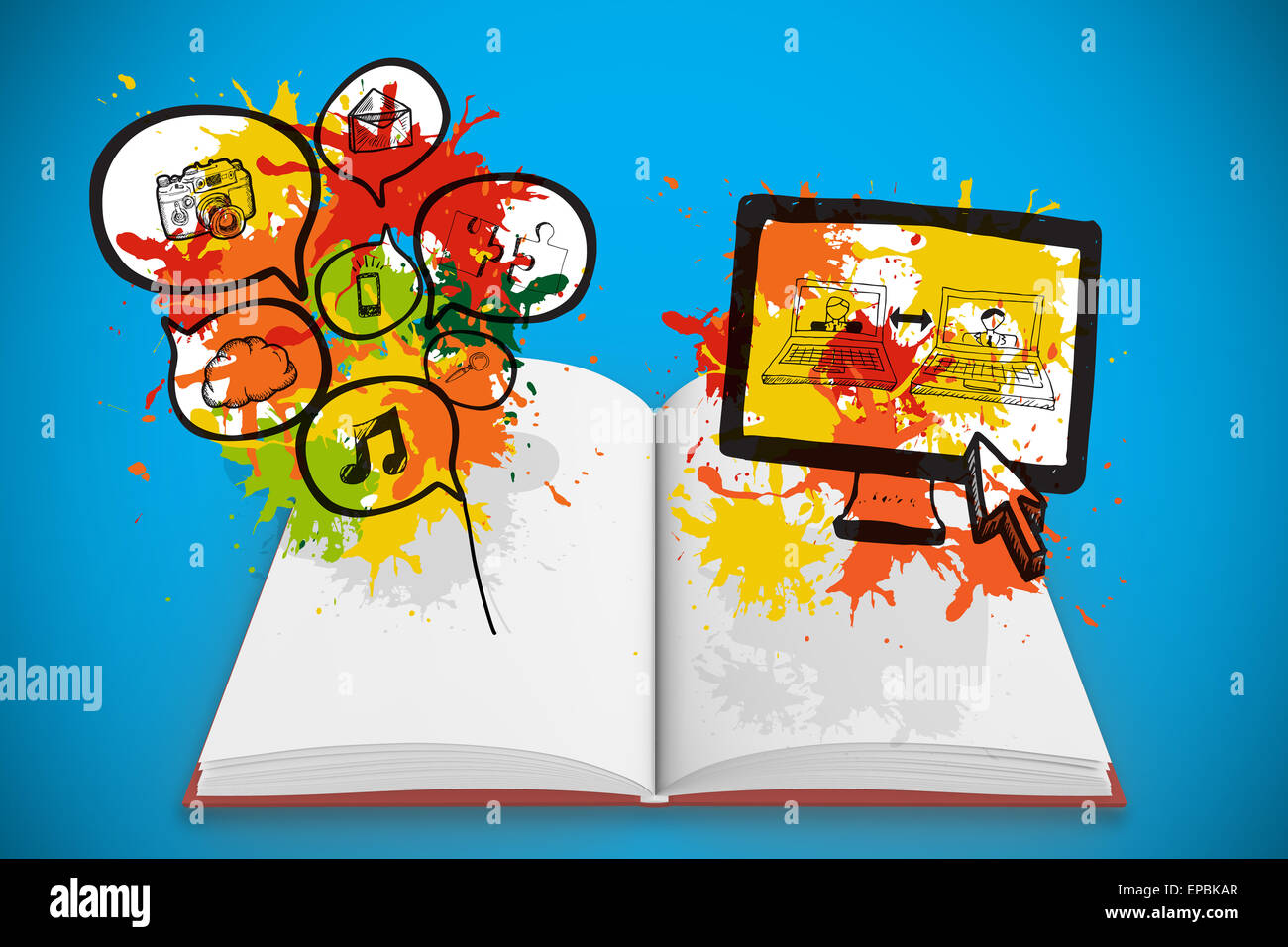Apps in speech bubbles on paint splashes against white background with ...