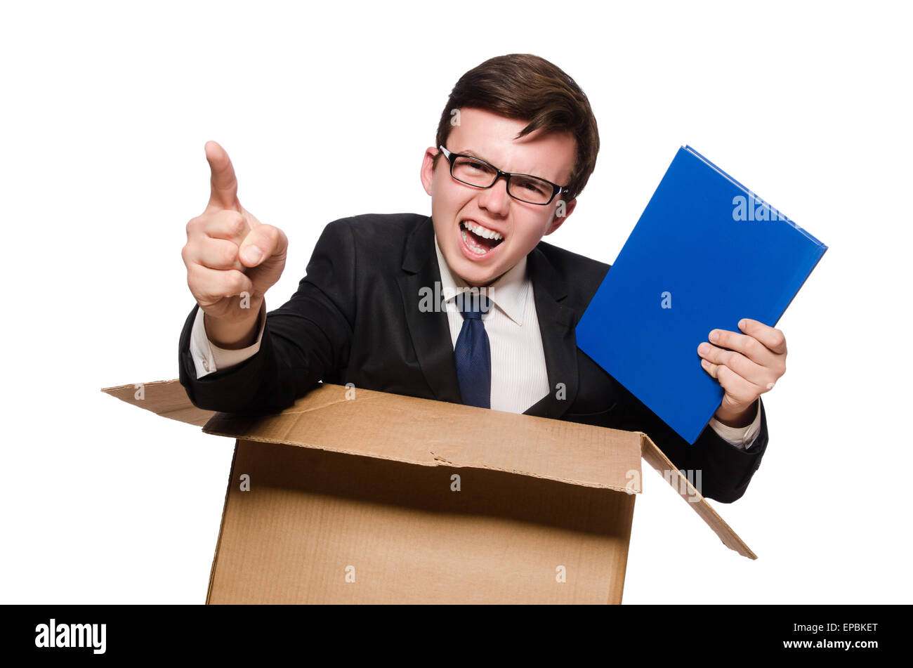 Funny man with boxes isolated on white Stock Photo - Alamy