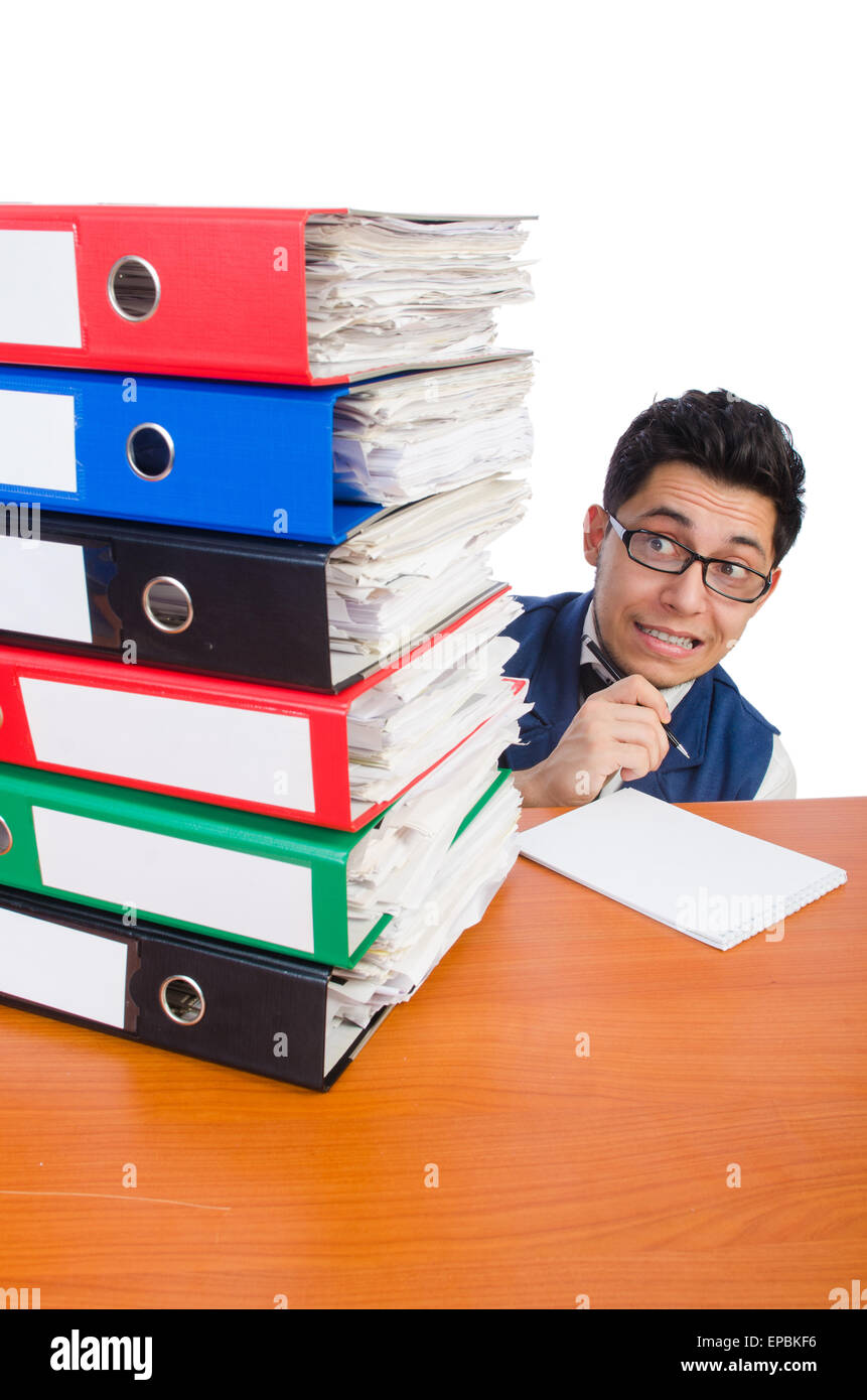 Funny man with lots of folders on white Stock Photo - Alamy
