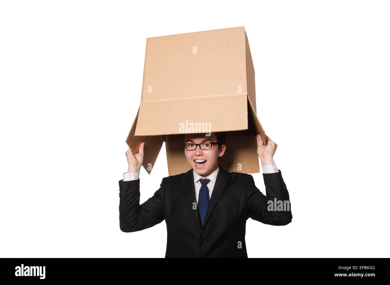 Funny man with boxes isolated on white Stock Photo - Alamy